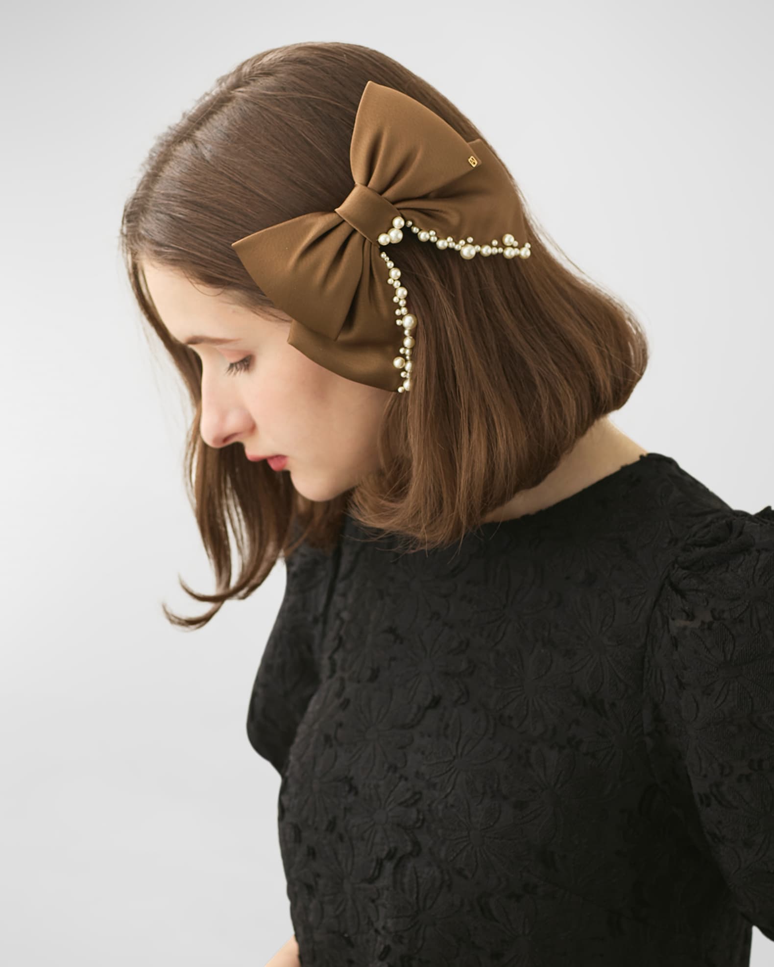 Alexandre de Paris Satin Bow Barrette with Swarovski Pearls | Neiman Marcus