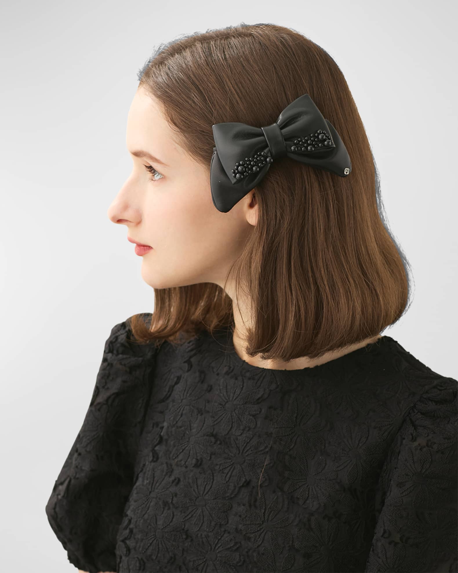 Alexandre de Paris Lamb Leather Bow Barrette With Simulated Pearls ...