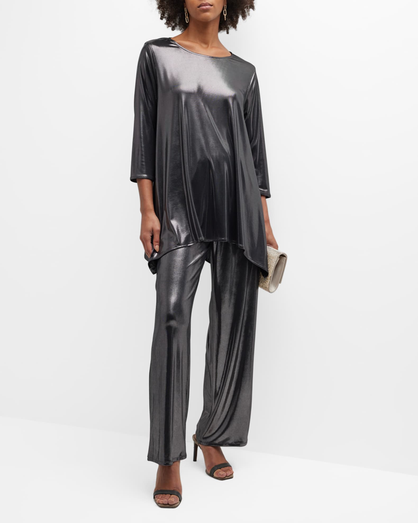 Caroline Rose Liquid Silver Straight-Leg Shimmer Pants | Neiman Marcus