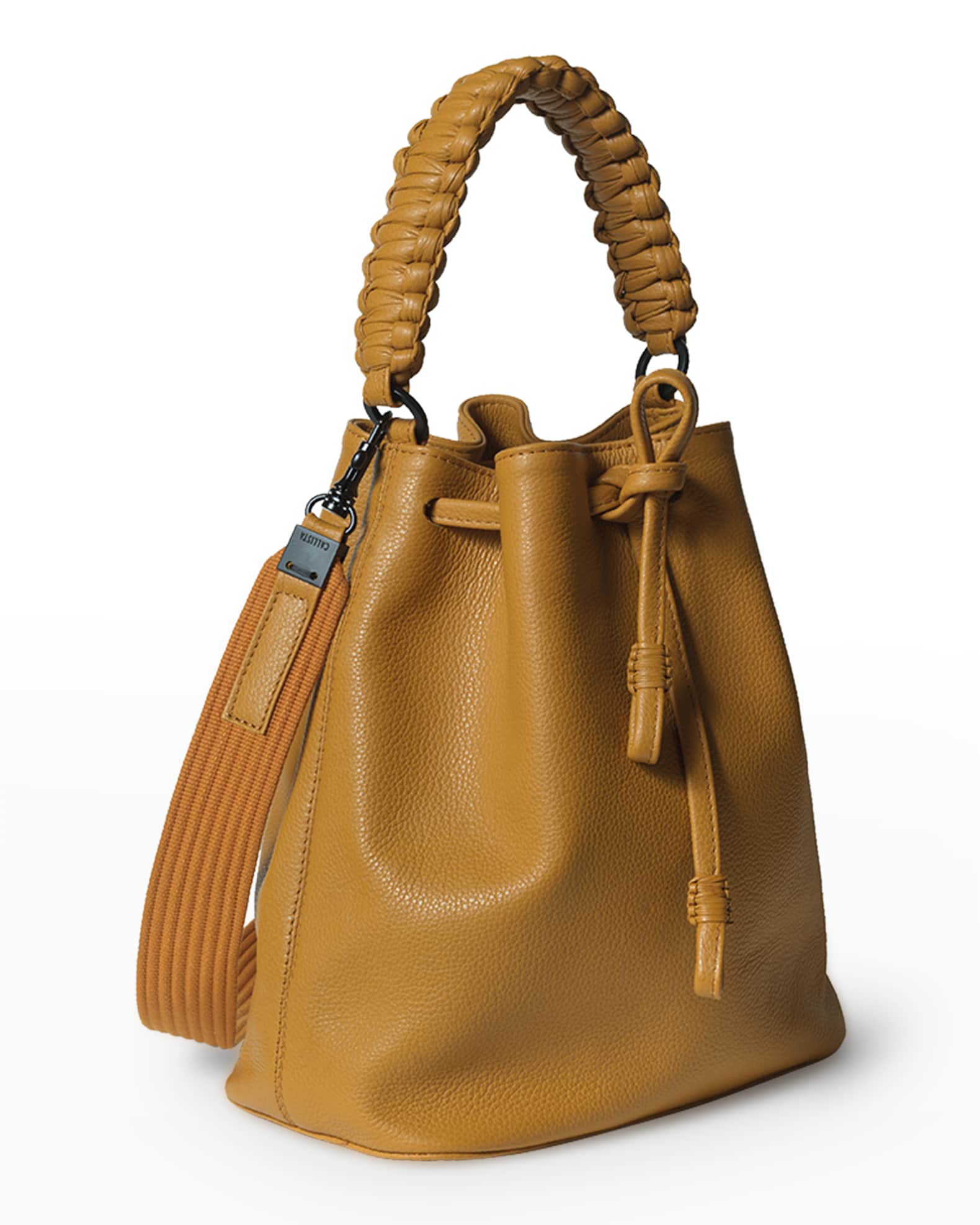 Callista Drawstring Grained Leather Bucket Bag | Neiman Marcus