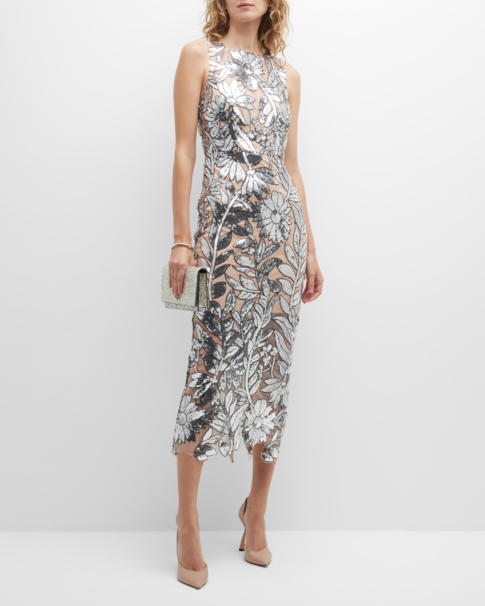 Milly Kinsley Floral Sequin Lace Midi Dress | Neiman Marcus