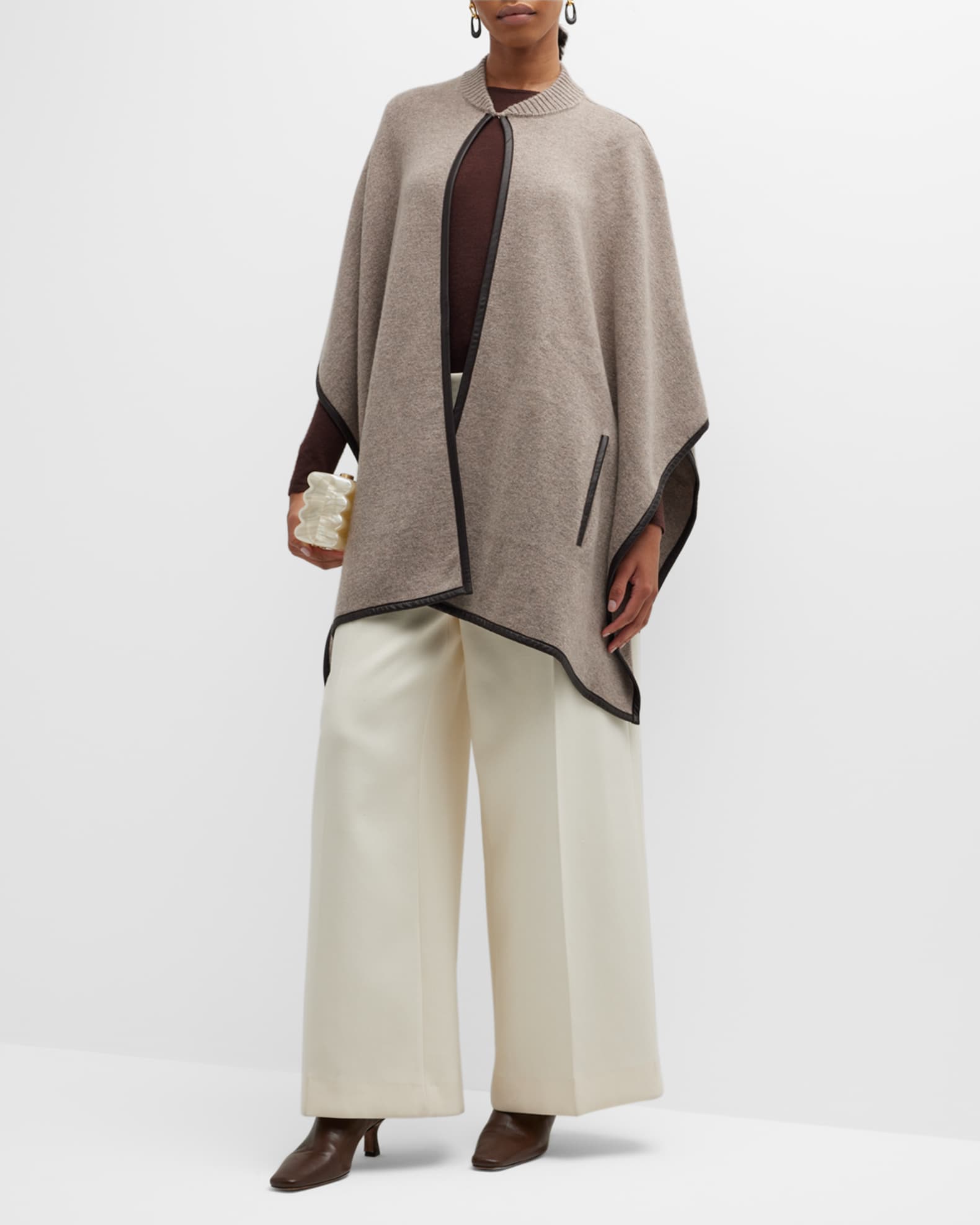 Sofia Cashmere Milano Knit Cashmere Cape With Leather Trim | Neiman Marcus