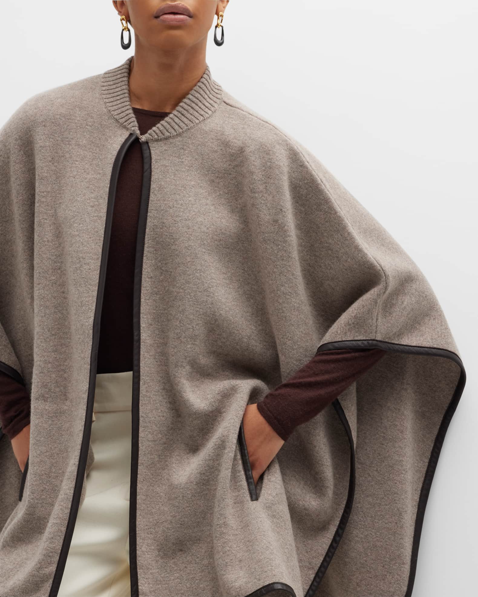 Sofia Cashmere Milano Knit Cashmere Cape With Leather Trim | Neiman Marcus