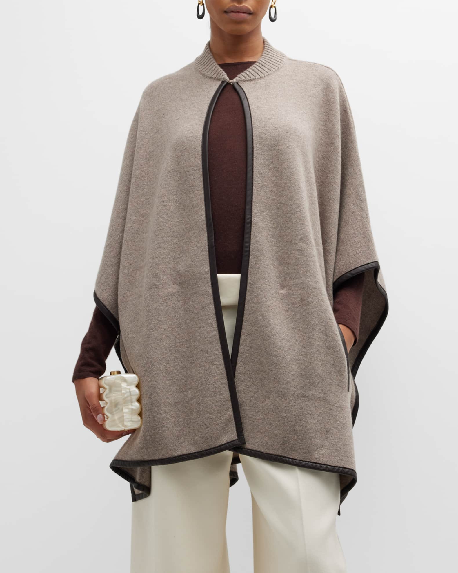 Sofia Cashmere Milano Knit Cashmere Cape With Leather Trim | Neiman Marcus