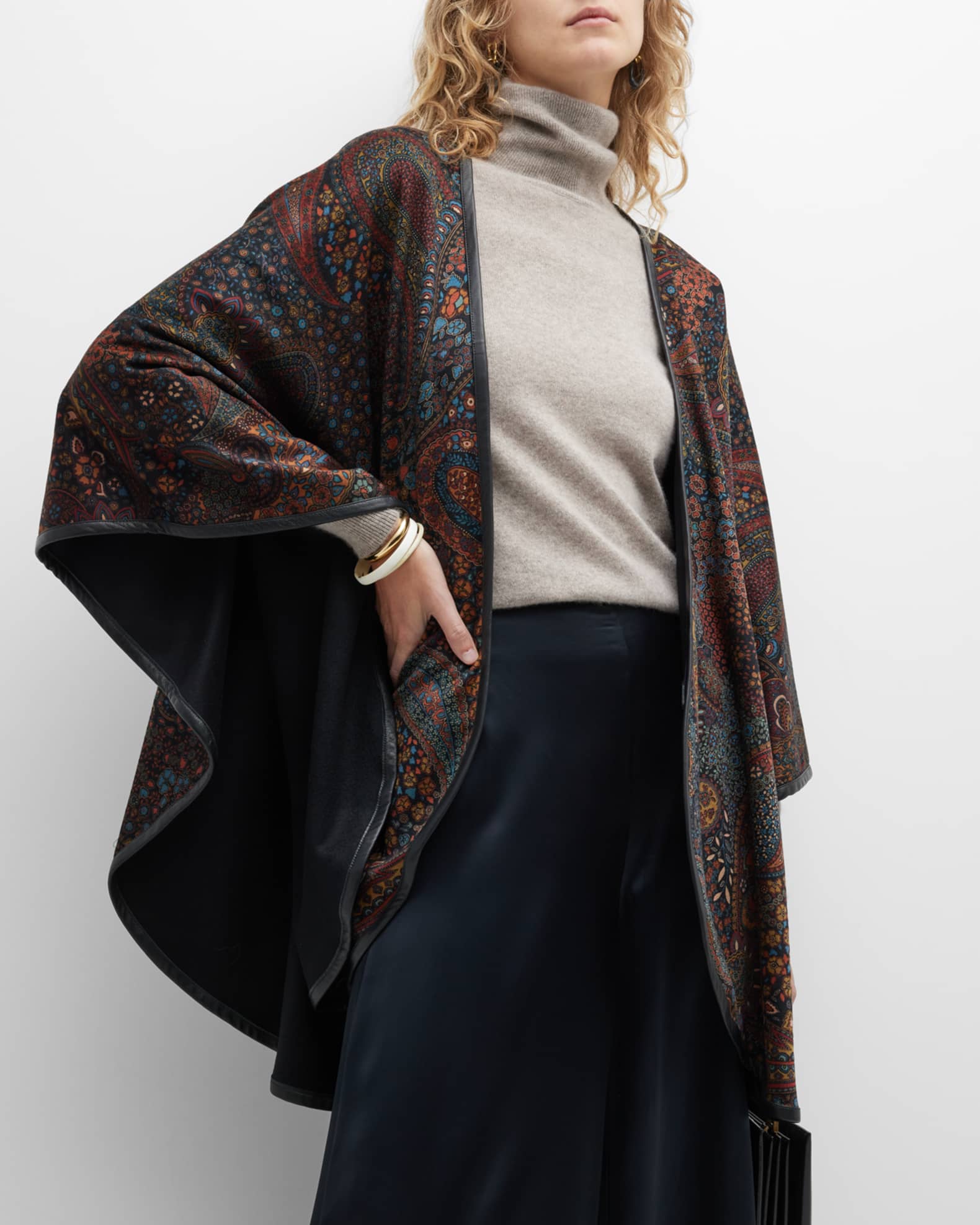 Sofia Cashmere Paisley Cashmere & Leather Cape | Neiman Marcus