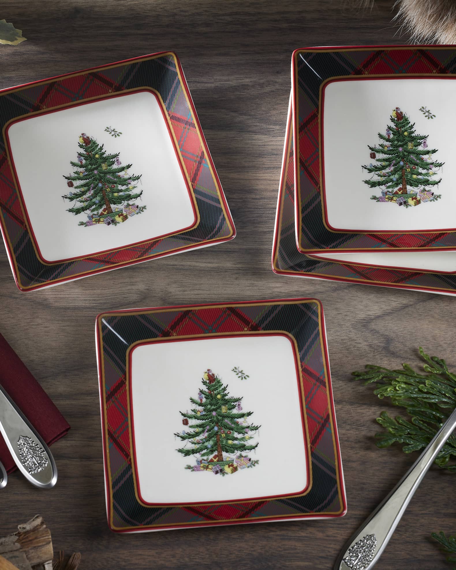 Spode Christmas Tree Tartan Square Tidbit Plates, Set of 4 | Neiman Marcus