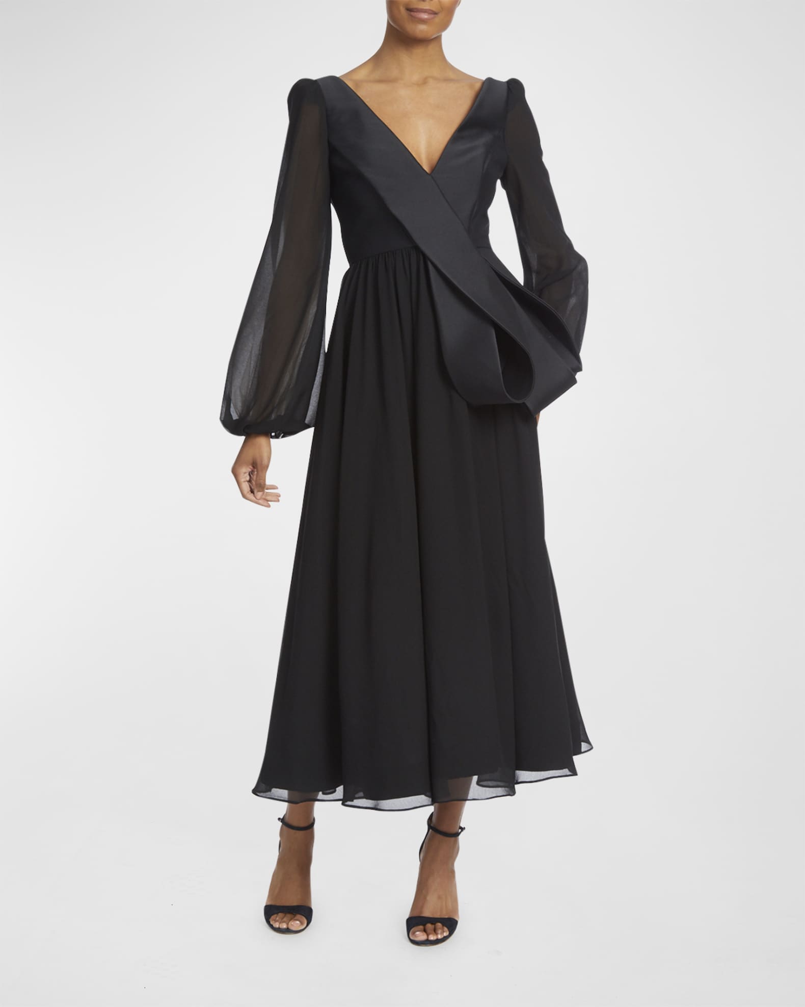 Badgley Mischka Collection Blouson-Sleeve Loop Sash Midi Dress | Neiman ...