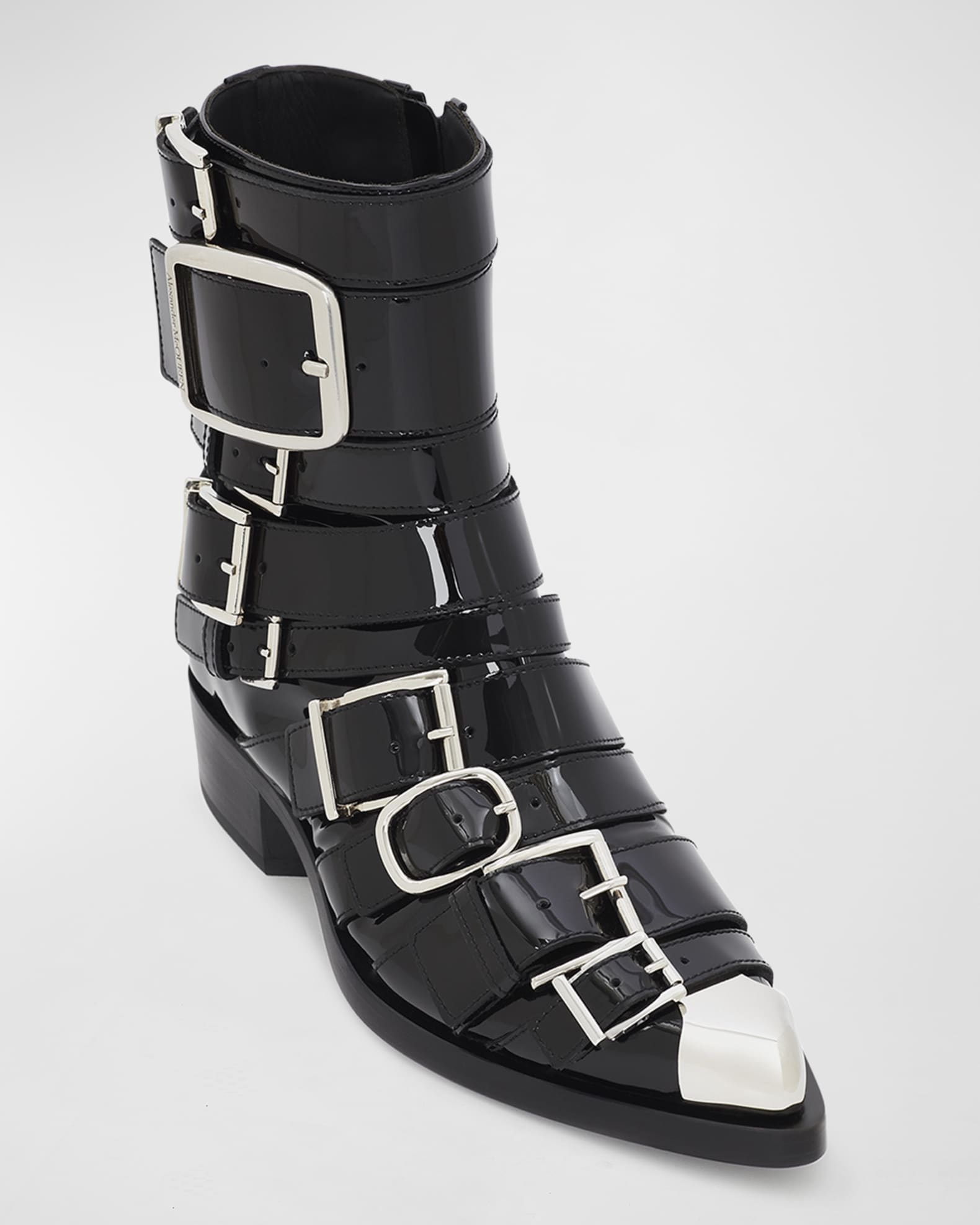 Alexander McQueen Punk Patent Multi Buckle Ankle Booties | Neiman Marcus
