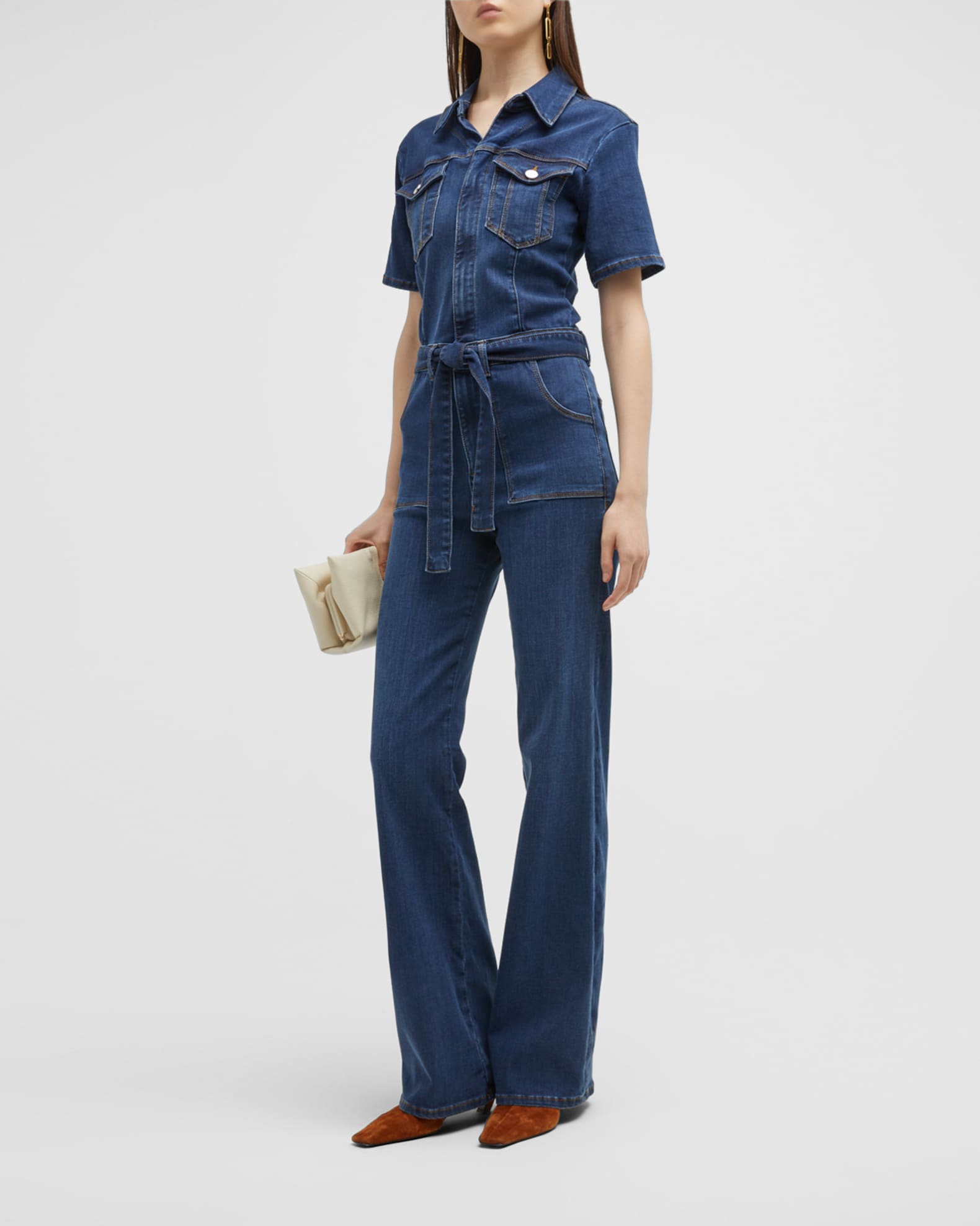FRAME Flare De Francoise Button-Front Denim Jumpsuit | Neiman Marcus