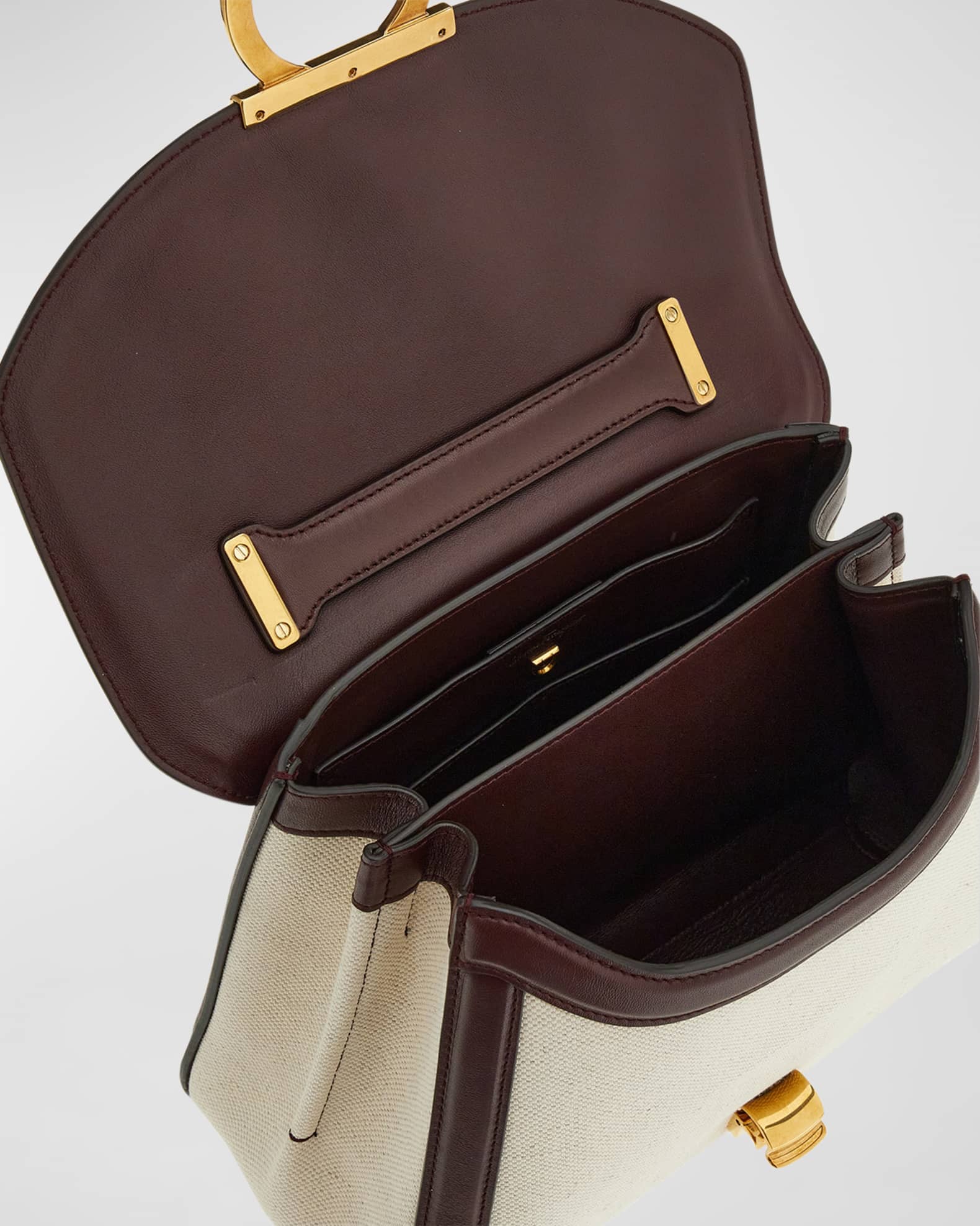 Ferragamo Margot Gancini Leather & Canvas Top-Handle Bag | Neiman Marcus