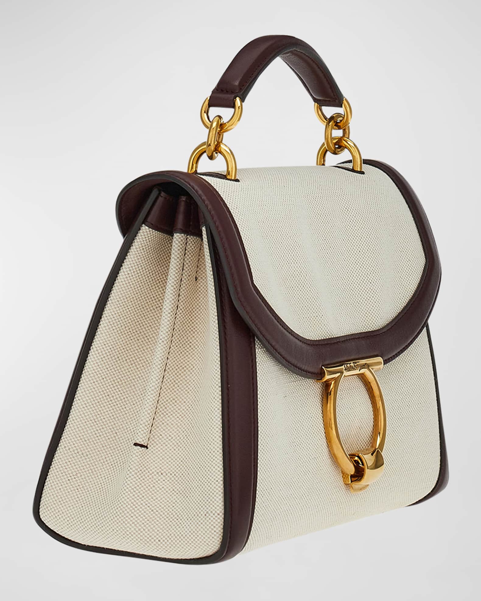 Ferragamo Margot Gancini Leather & Canvas Top-Handle Bag | Neiman Marcus