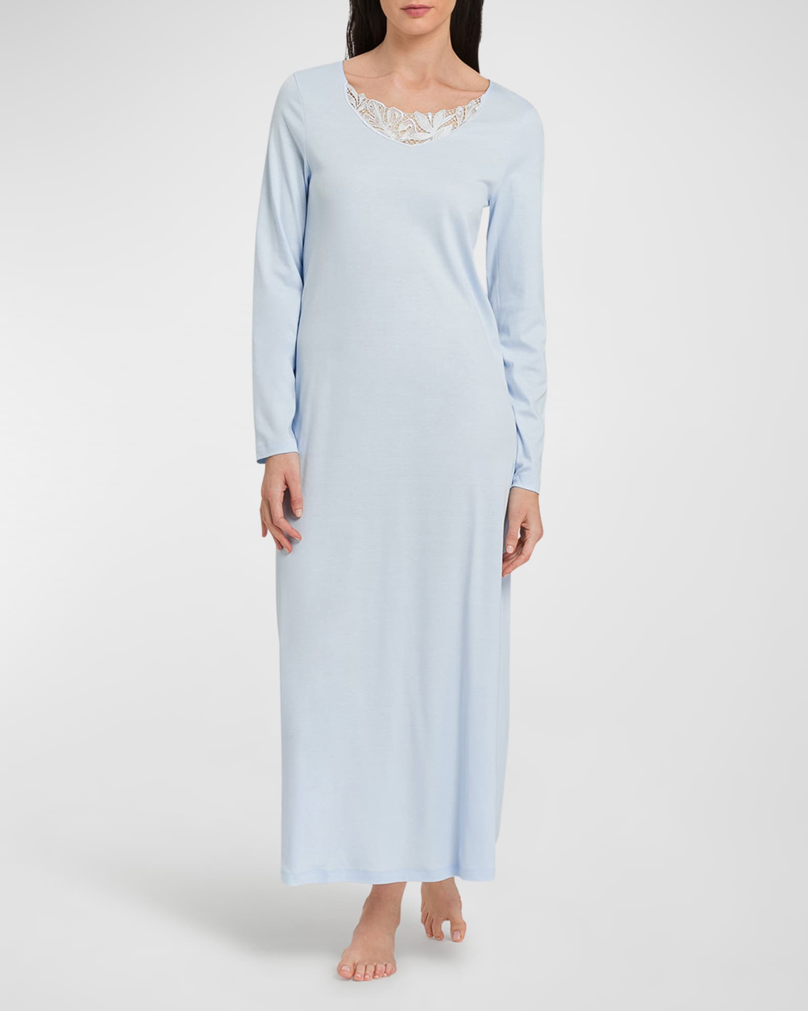 Hanro Zelda Long-Sleeve Lace-Trim Nightgown | Neiman Marcus