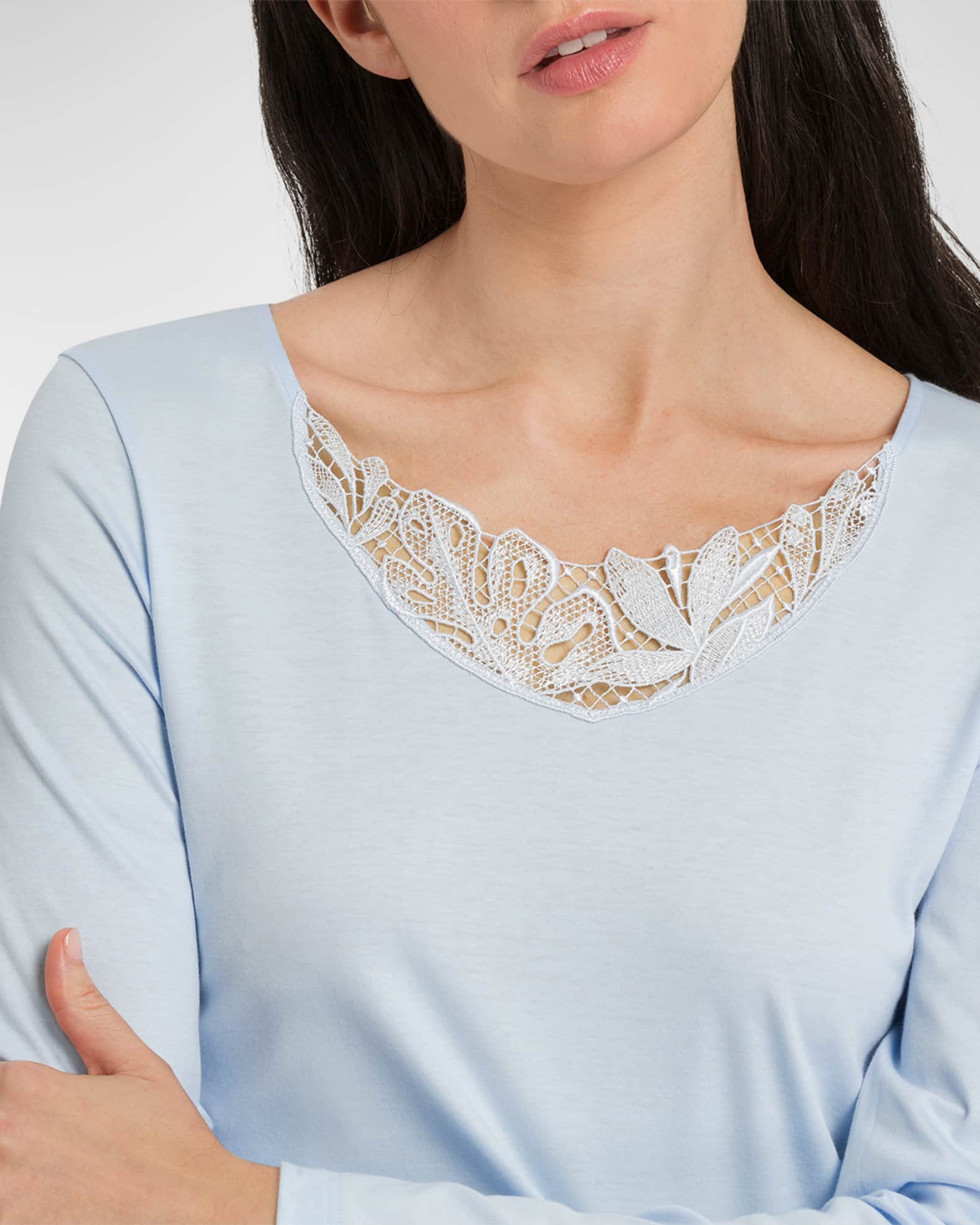 Hanro Zelda Long-Sleeve Lace-Trim Nightgown | Neiman Marcus