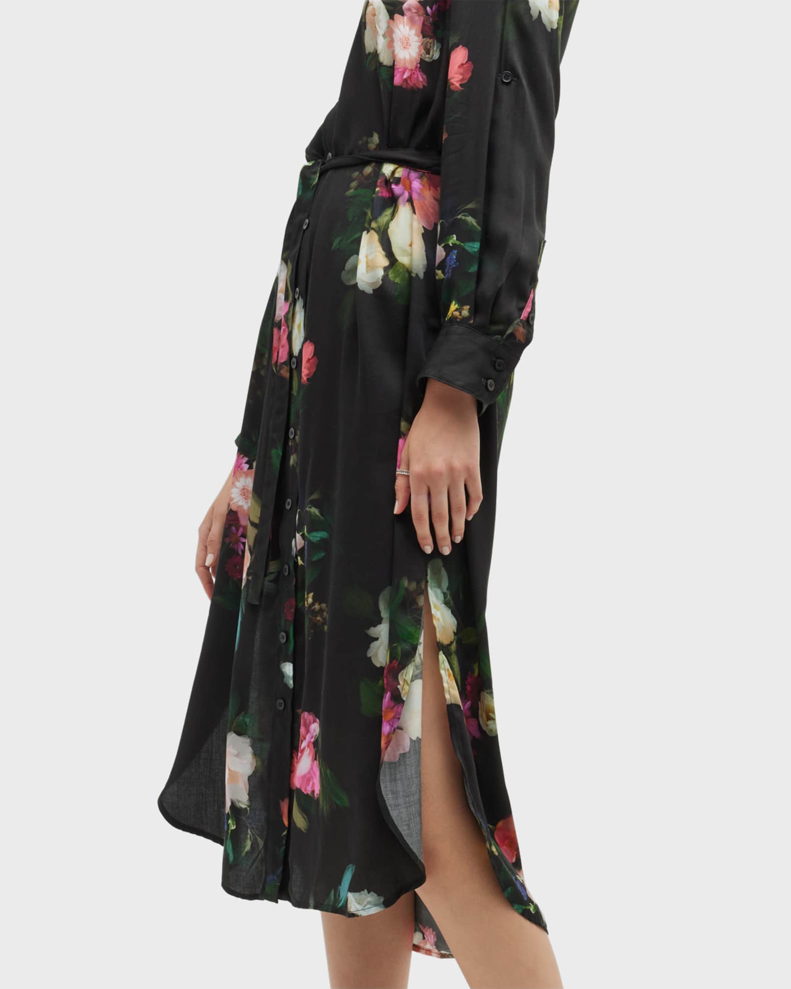 Finley Alex Floral-Print Belted Satin Midi Shirtdress | Neiman Marcus