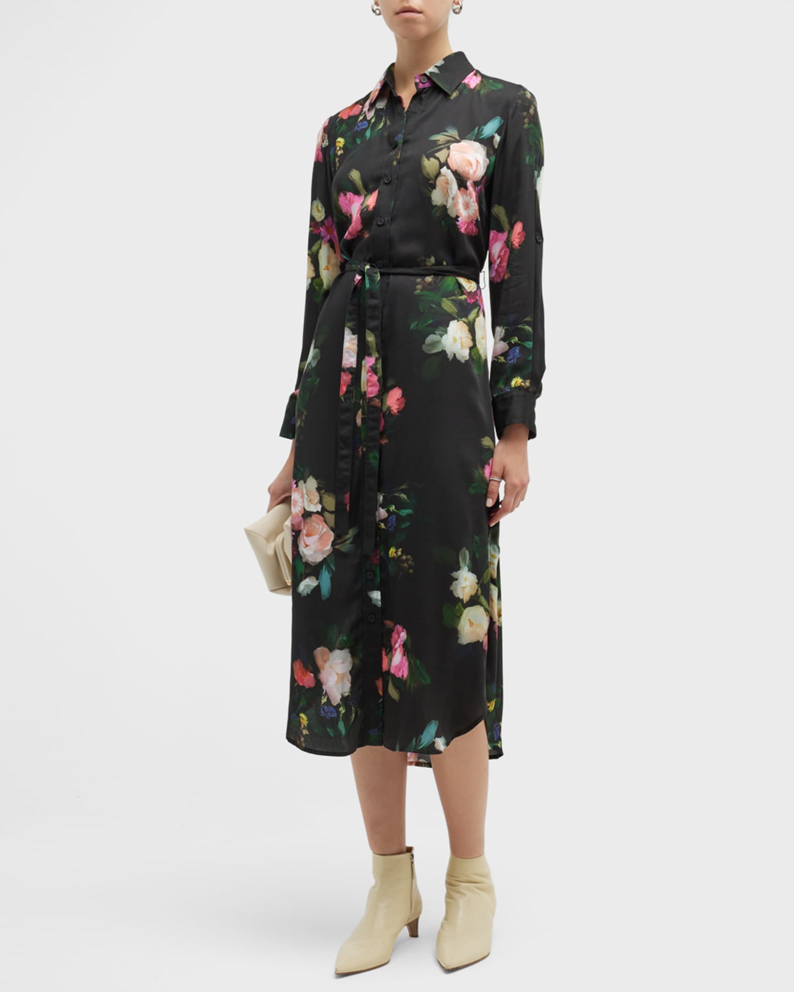 Finley Alex Floral-Print Belted Satin Midi Shirtdress | Neiman Marcus