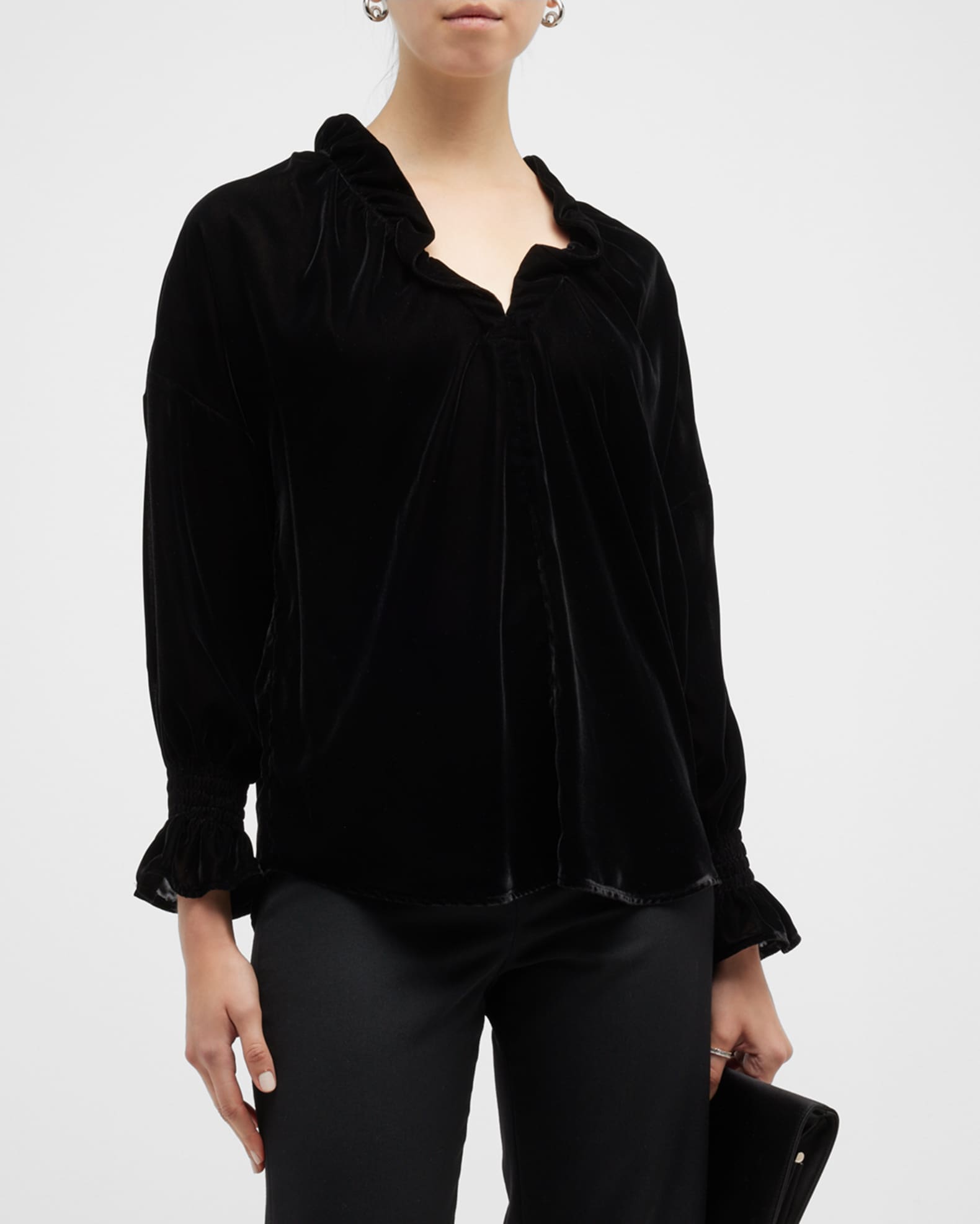 Finley Crosby Flounce-Trim Velvet Blouse | Neiman Marcus