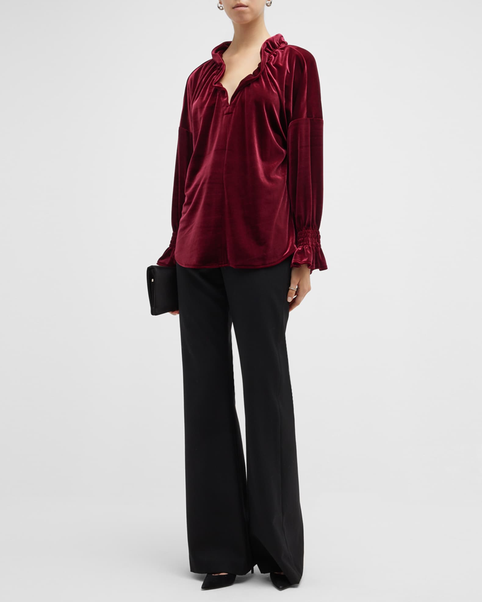 Finley Crosby Flounce-Trim Velvet Blouse | Neiman Marcus