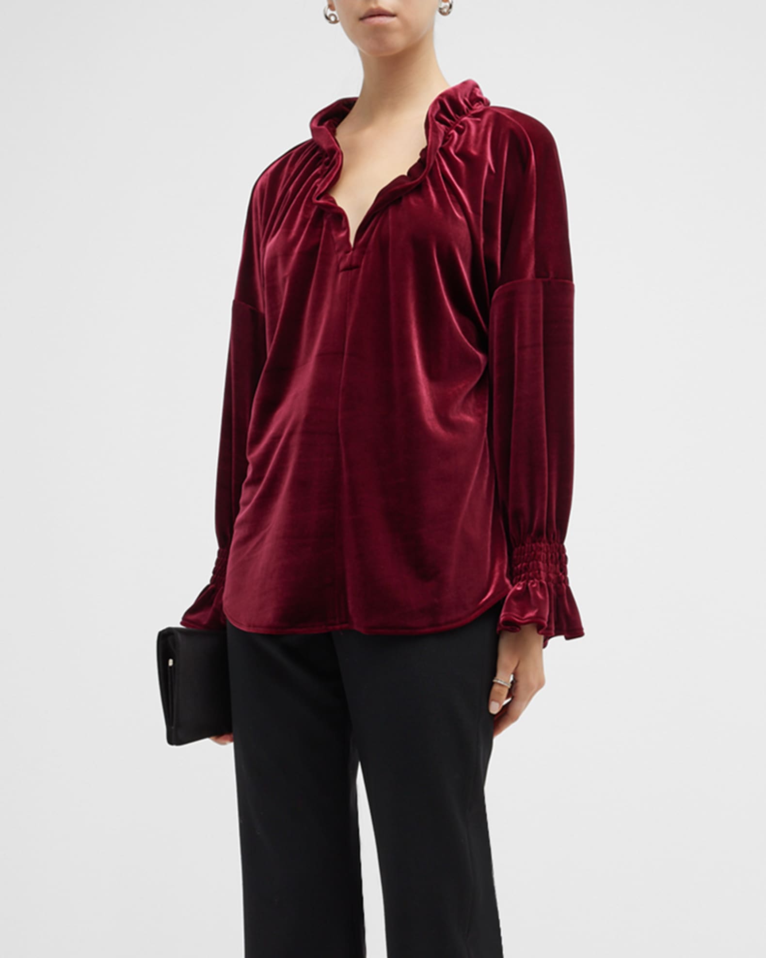 Finley Crosby Flounce-Trim Velvet Blouse | Neiman Marcus