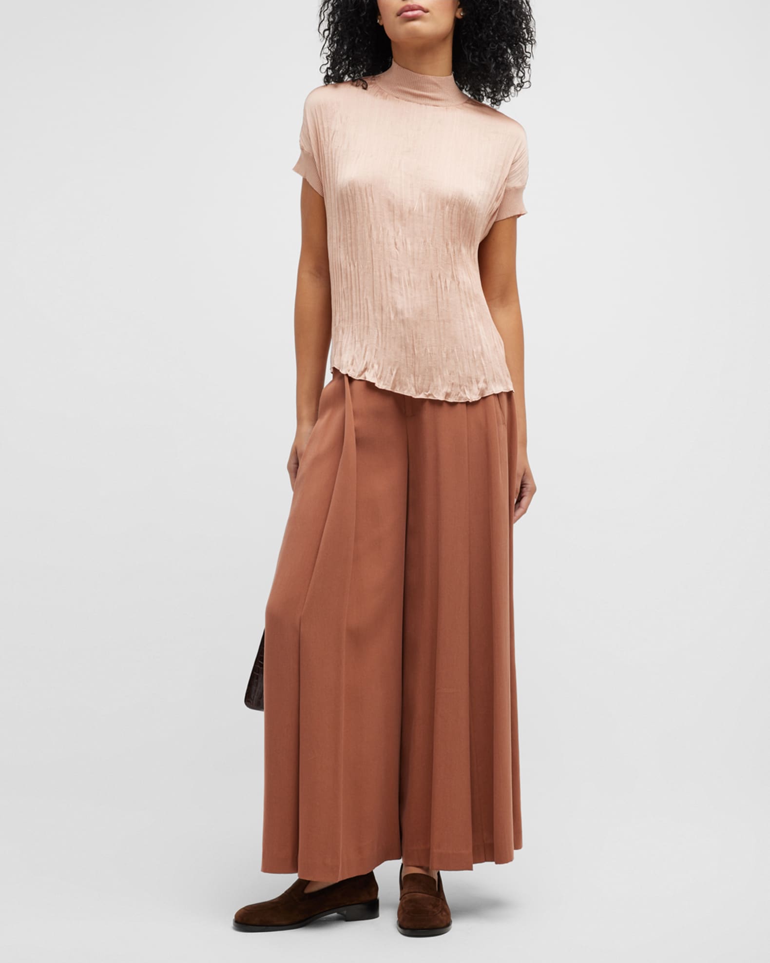 Vince Ribbed Mock-Neck Crushed Satin Popover Top | Neiman Marcus