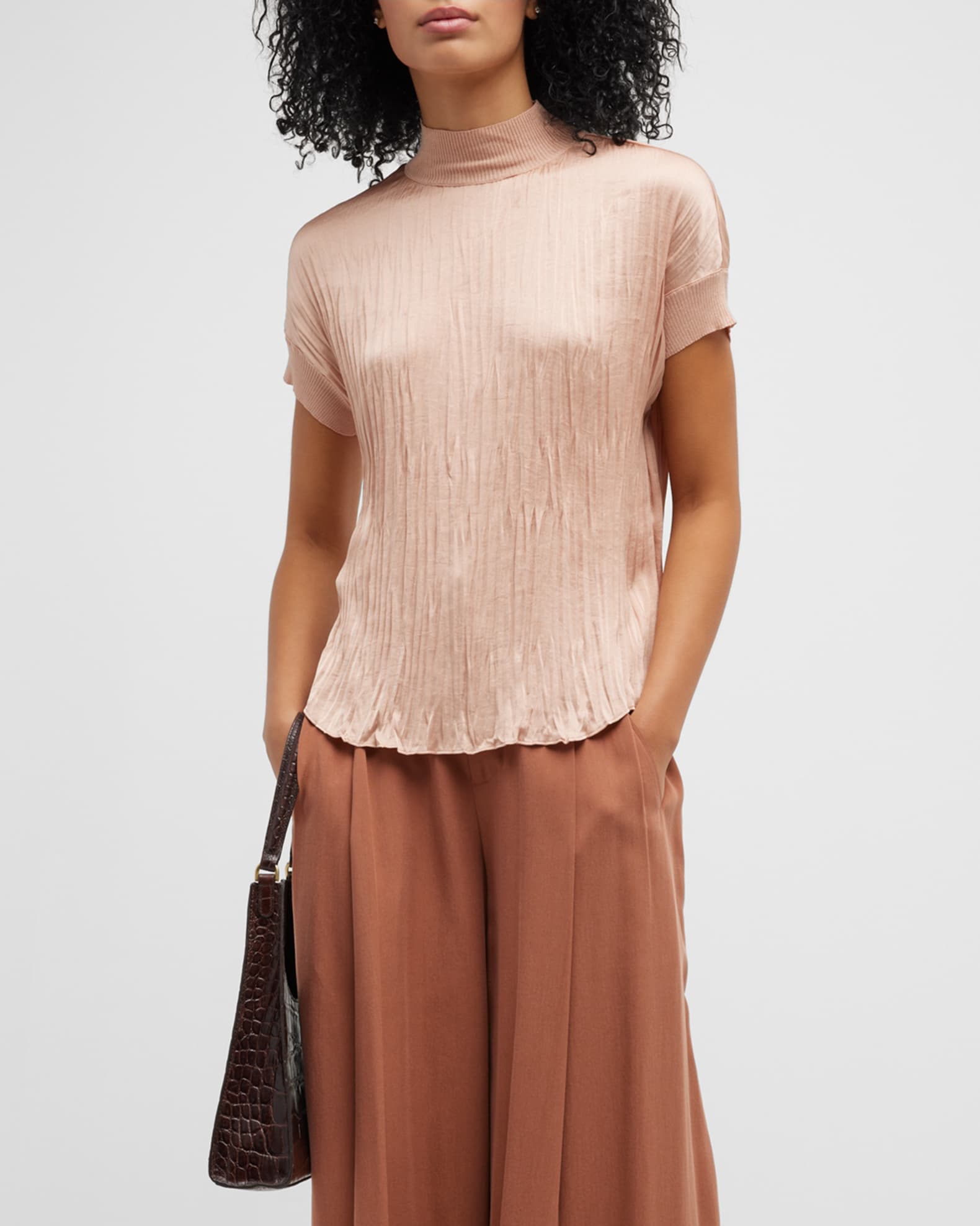Vince Ribbed Mock-Neck Crushed Satin Popover Top | Neiman Marcus