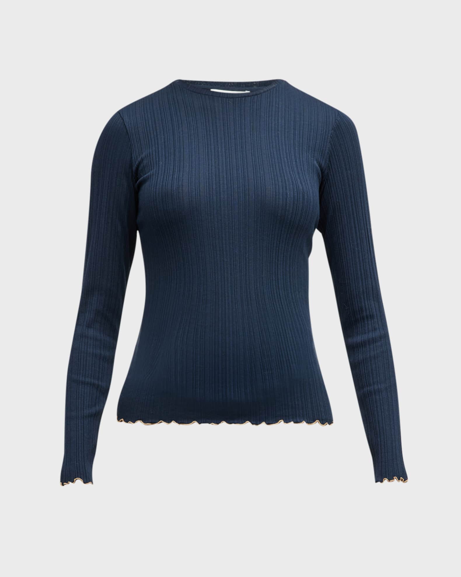 Vince Merrow-Trim Long-Sleeve Ribbed Crewneck Top | Neiman Marcus