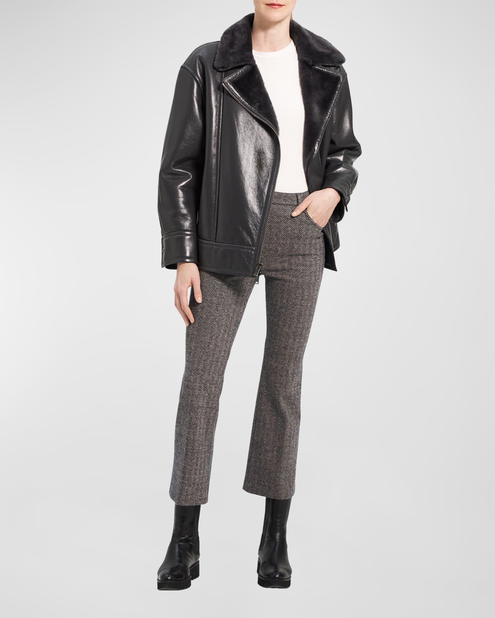 Theory Oversized Shiny Shearling Moto Jacket | Neiman Marcus