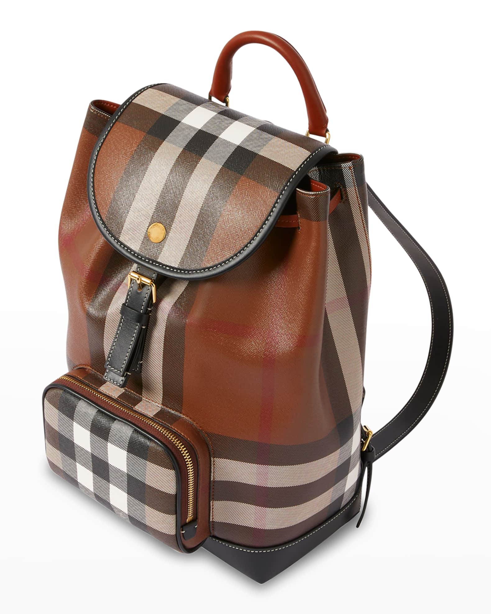 Burberry Check Flap Drawstring Leather Backpack | Neiman Marcus