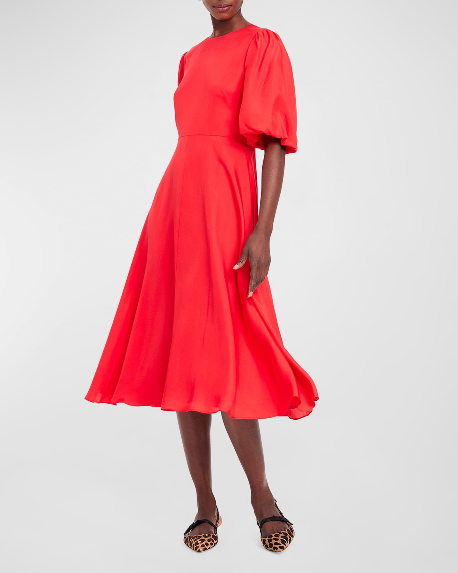kate spade new york matinee puff-sleeve twill midi dress | Neiman Marcus