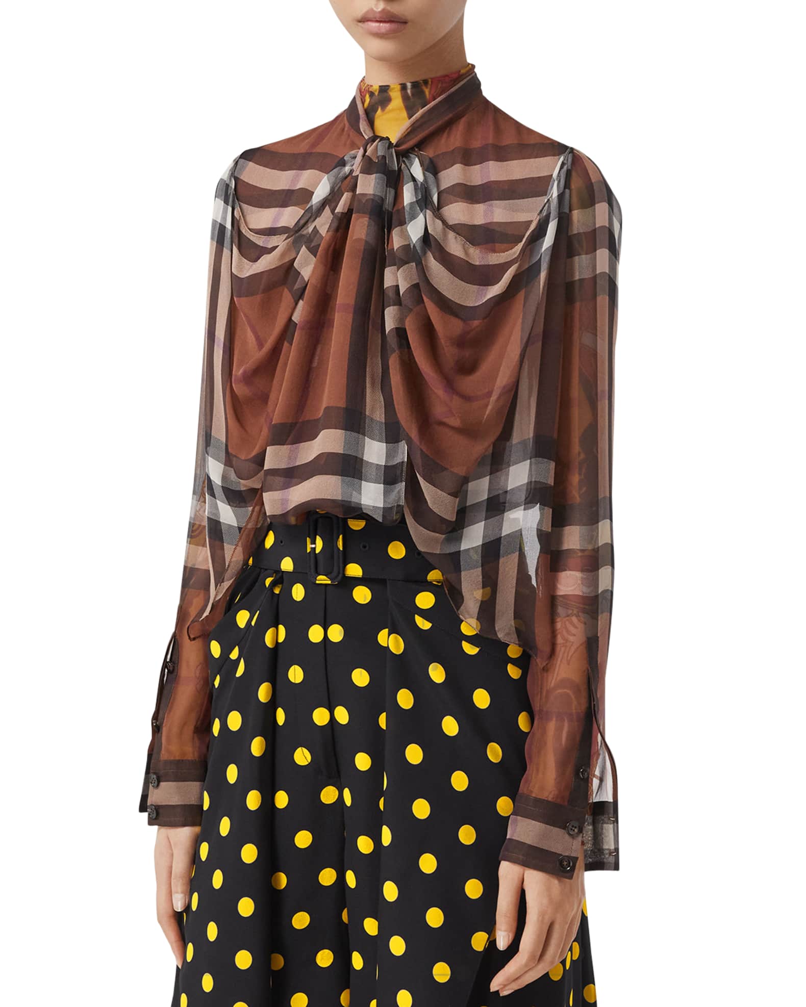 Burberry Birch Check Bow Draped Silk Chiffon Blouse | Neiman Marcus