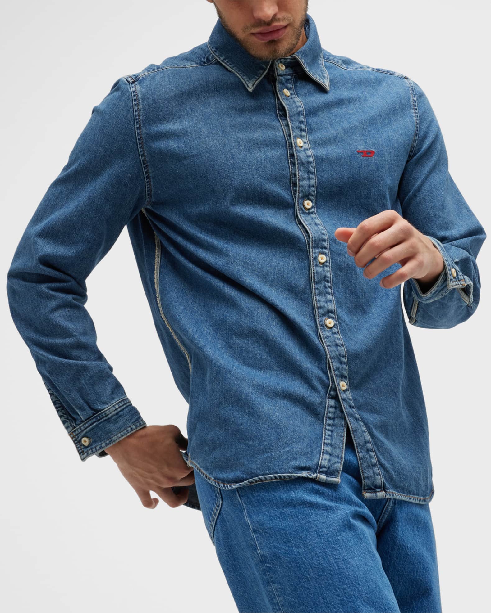 Diesel Men's D-Simply Logo-Embroidered Denim Shirt | Neiman Marcus