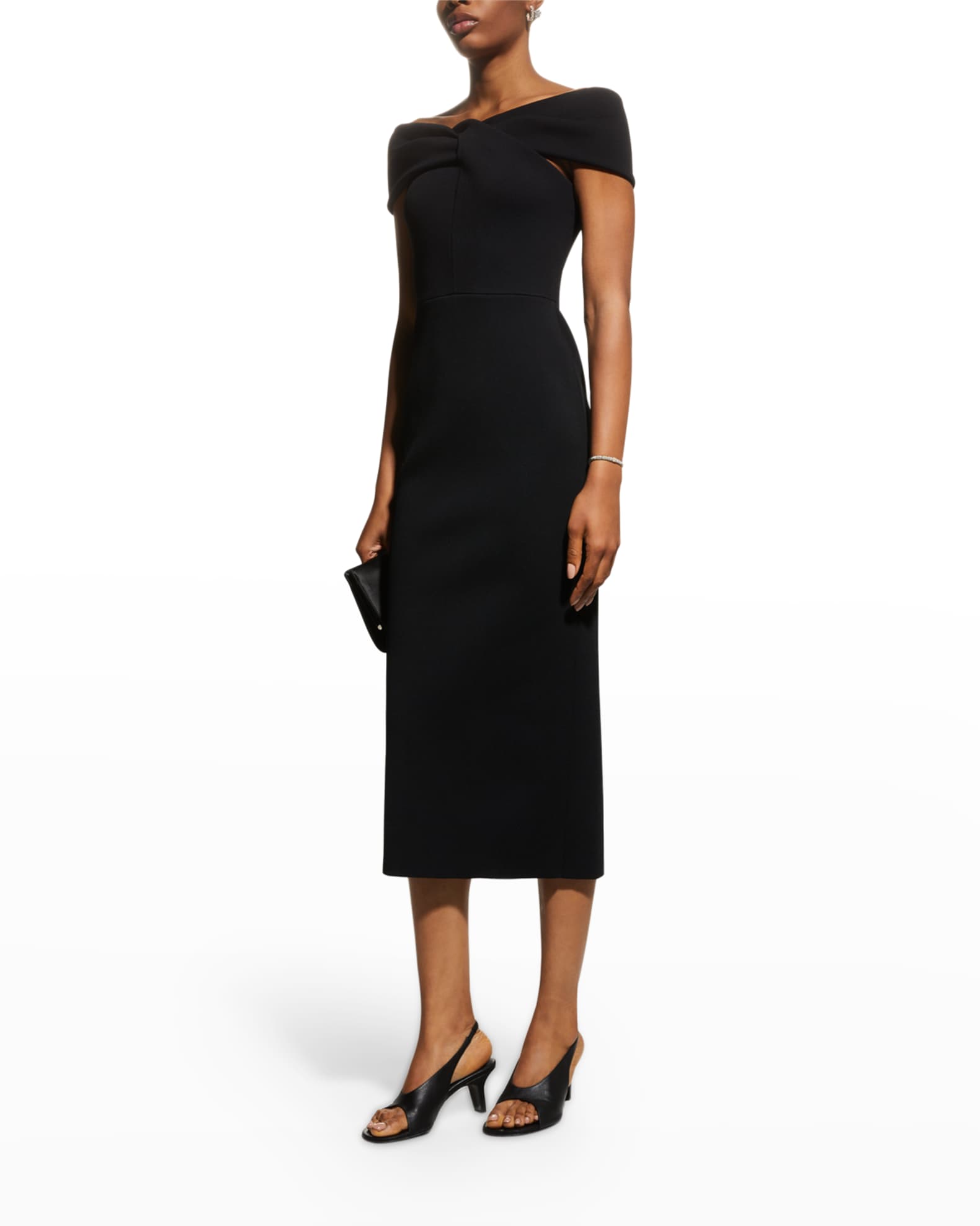 St. John Twisted Off-The-Shoulder Milano Knit Midi Dress | Neiman Marcus
