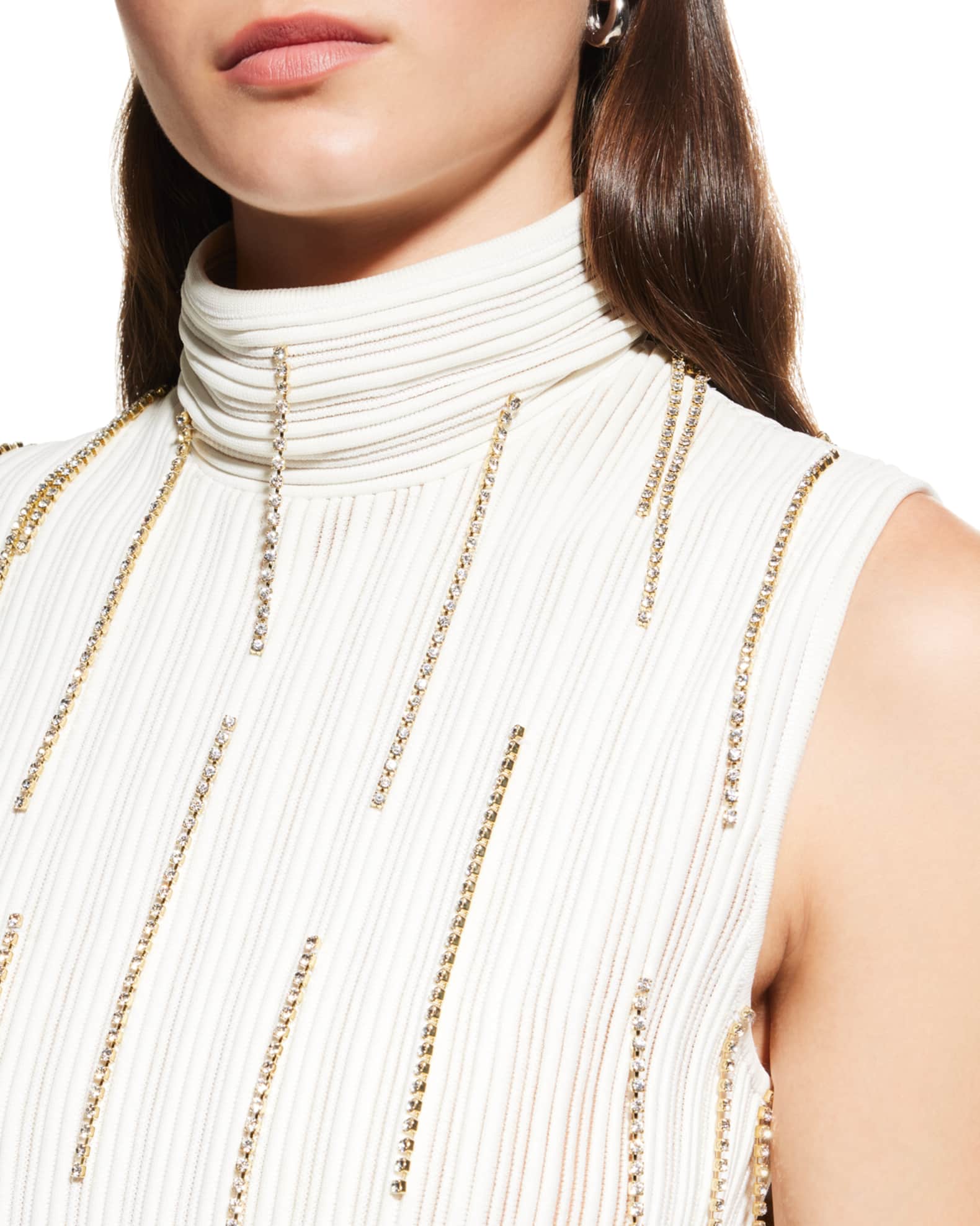 St. John Transparent Ottoman Stripe Mock-Neck Shell w/ Chains | Neiman Marcus