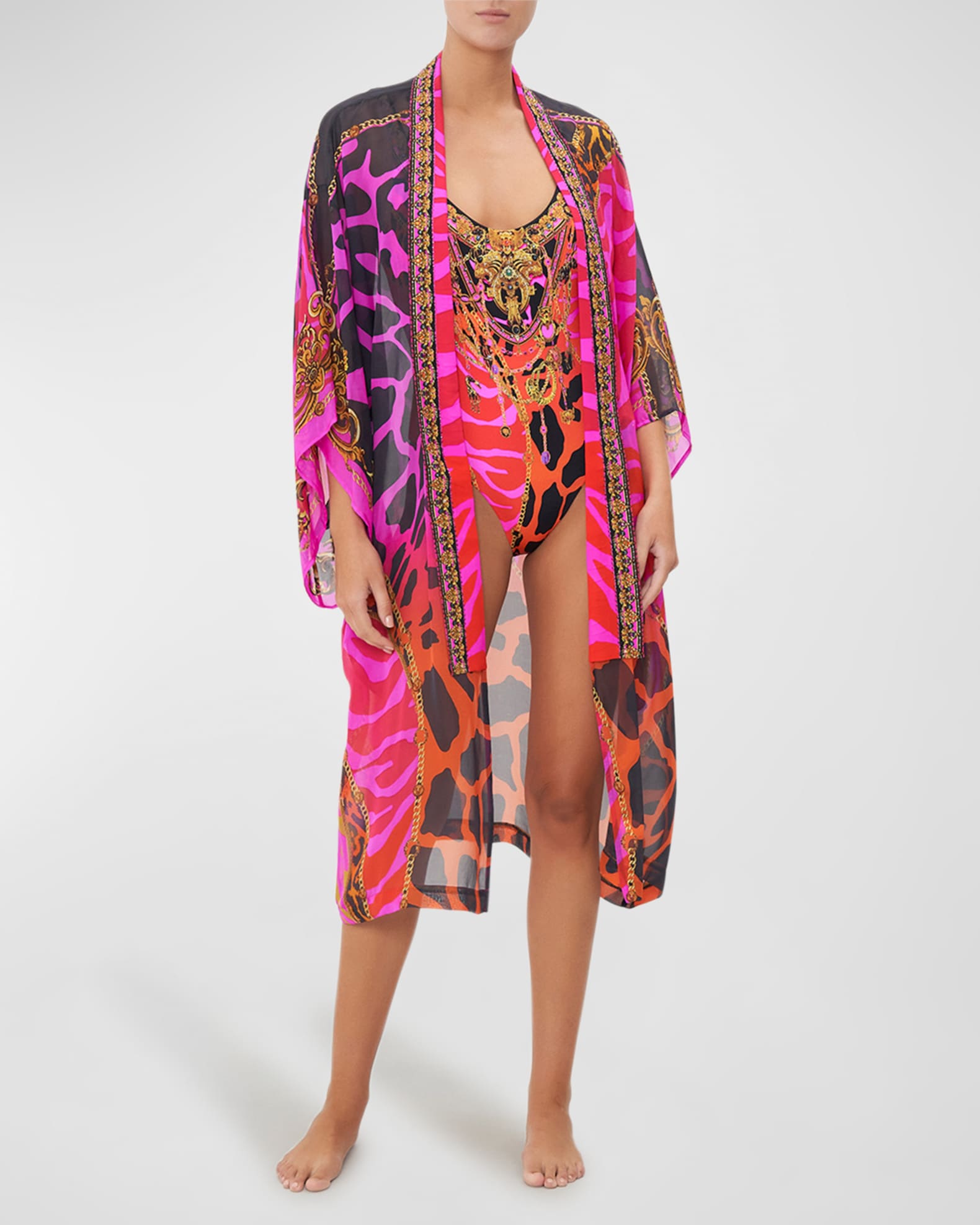 Camilla Always Change Your Spots Mid-Length Kimono Layer w/ Collar ...