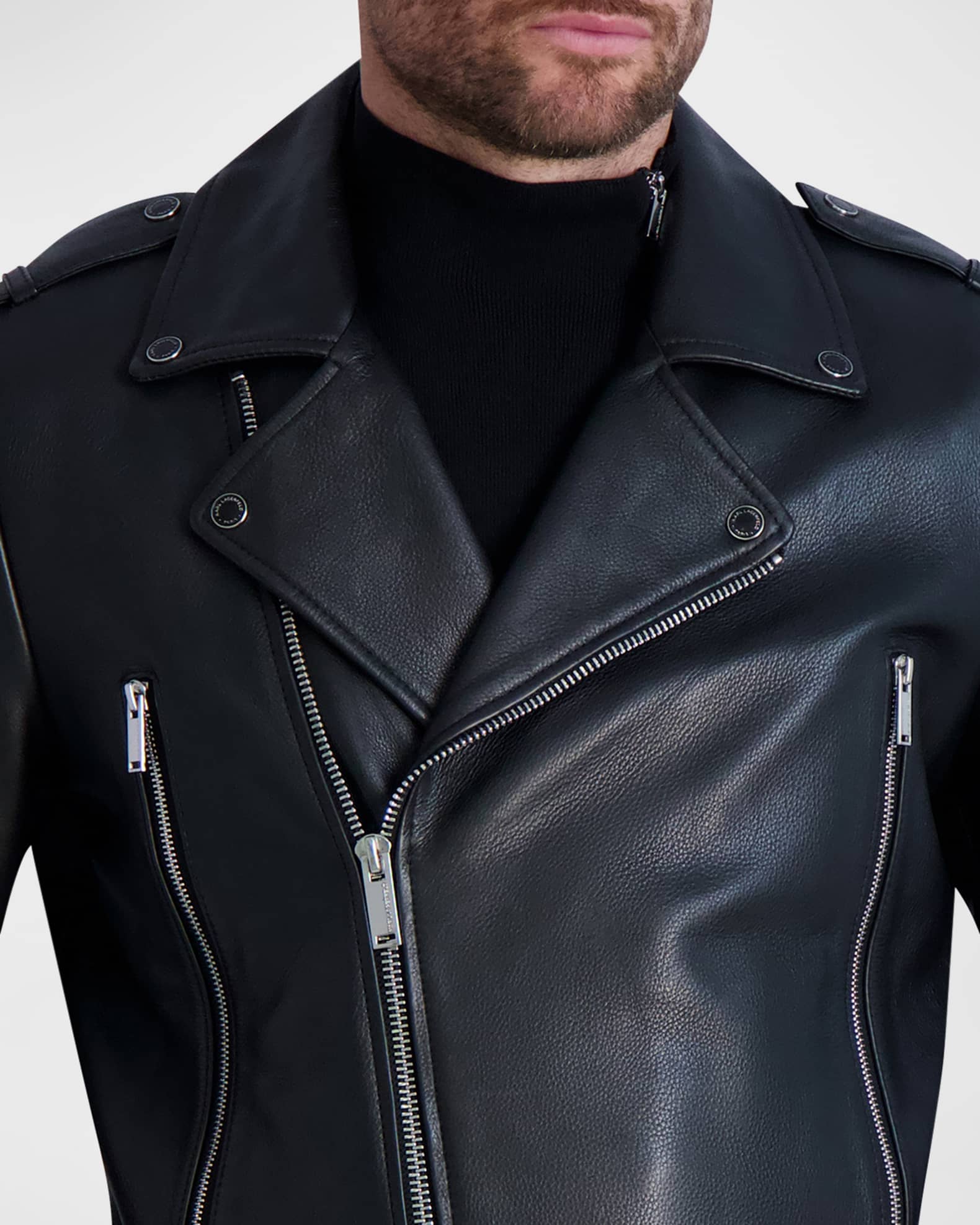 Karl Lagerfeld Paris Men's Asymmetric Leather Moto Jacket | Neiman Marcus
