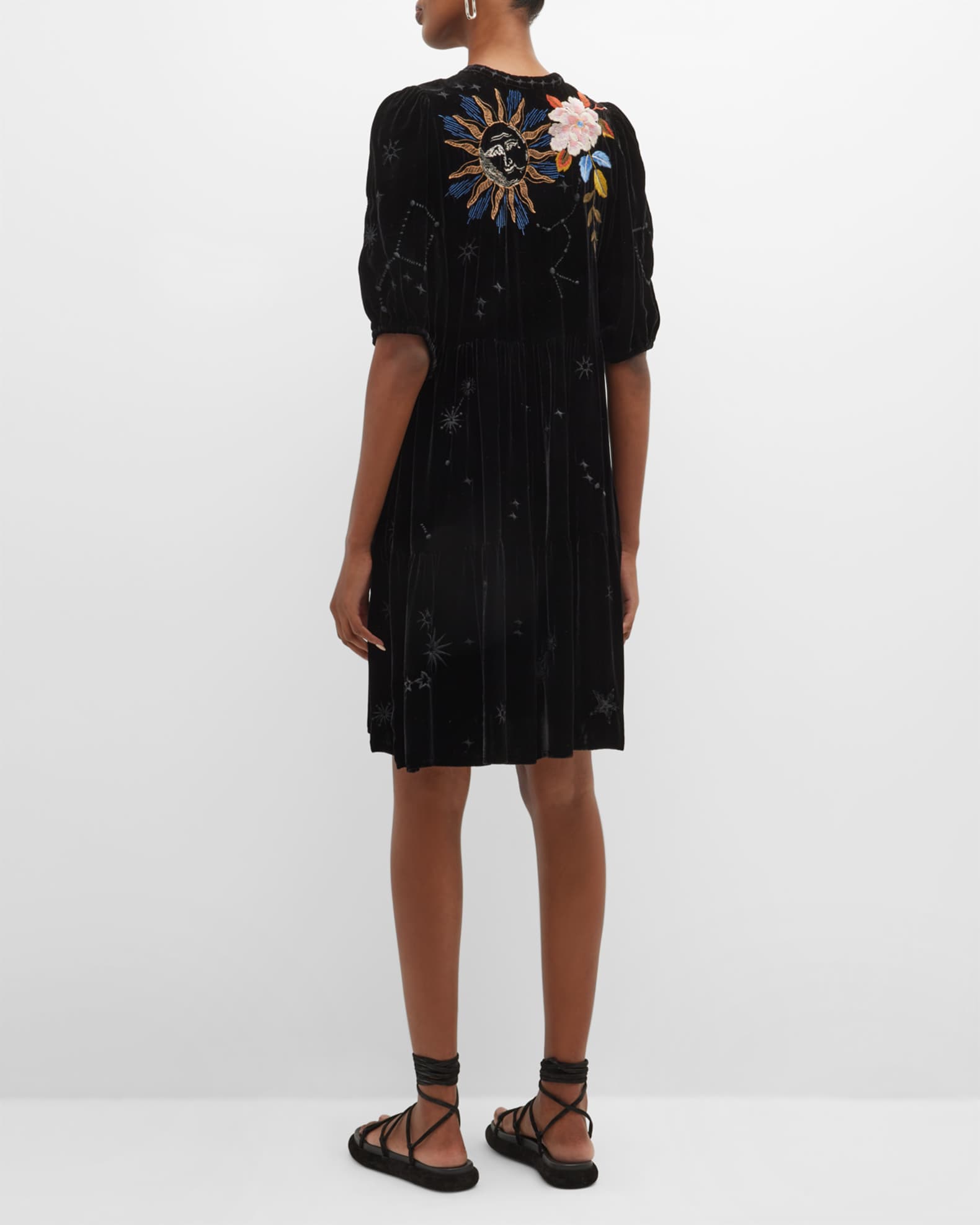 Johnny Was Celestin Embroidered Puff-Sleeve Velvet Dress | Neiman Marcus
