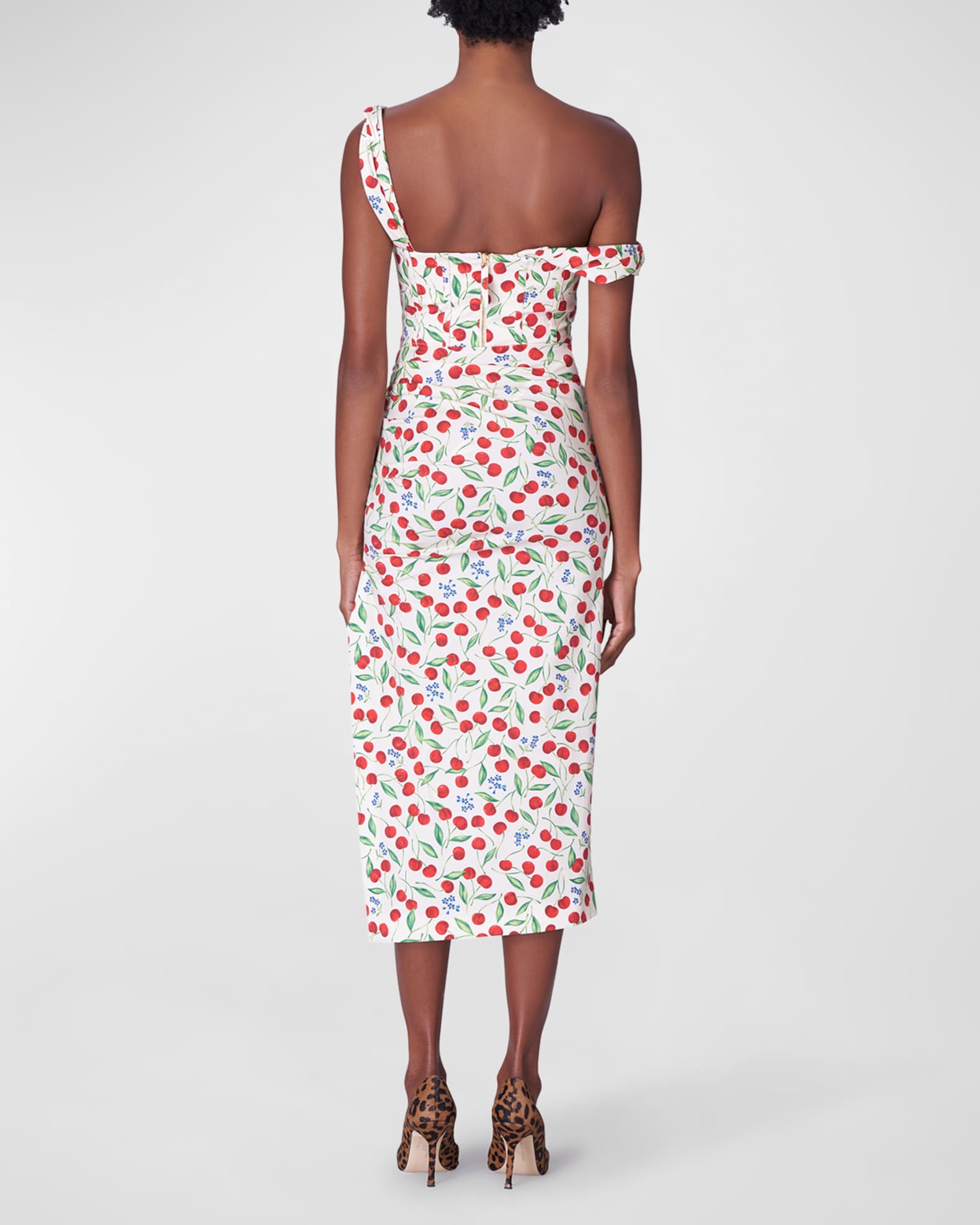 Carolina Herrera Cherry Printed Off-Shoulder Midi Dress | Neiman Marcus
