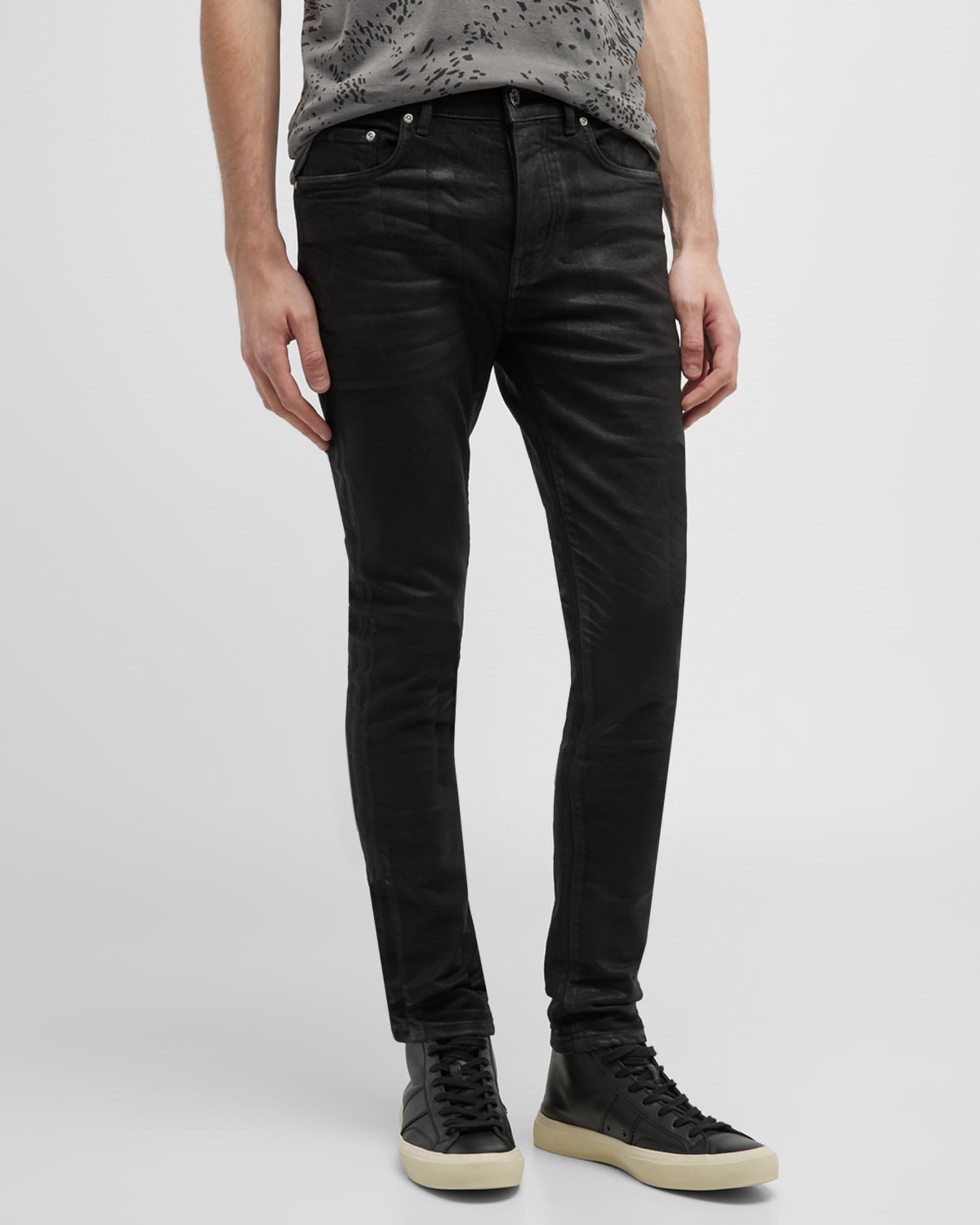 PURPLE Men's Oil-Coated Skinny Jeans | Neiman Marcus