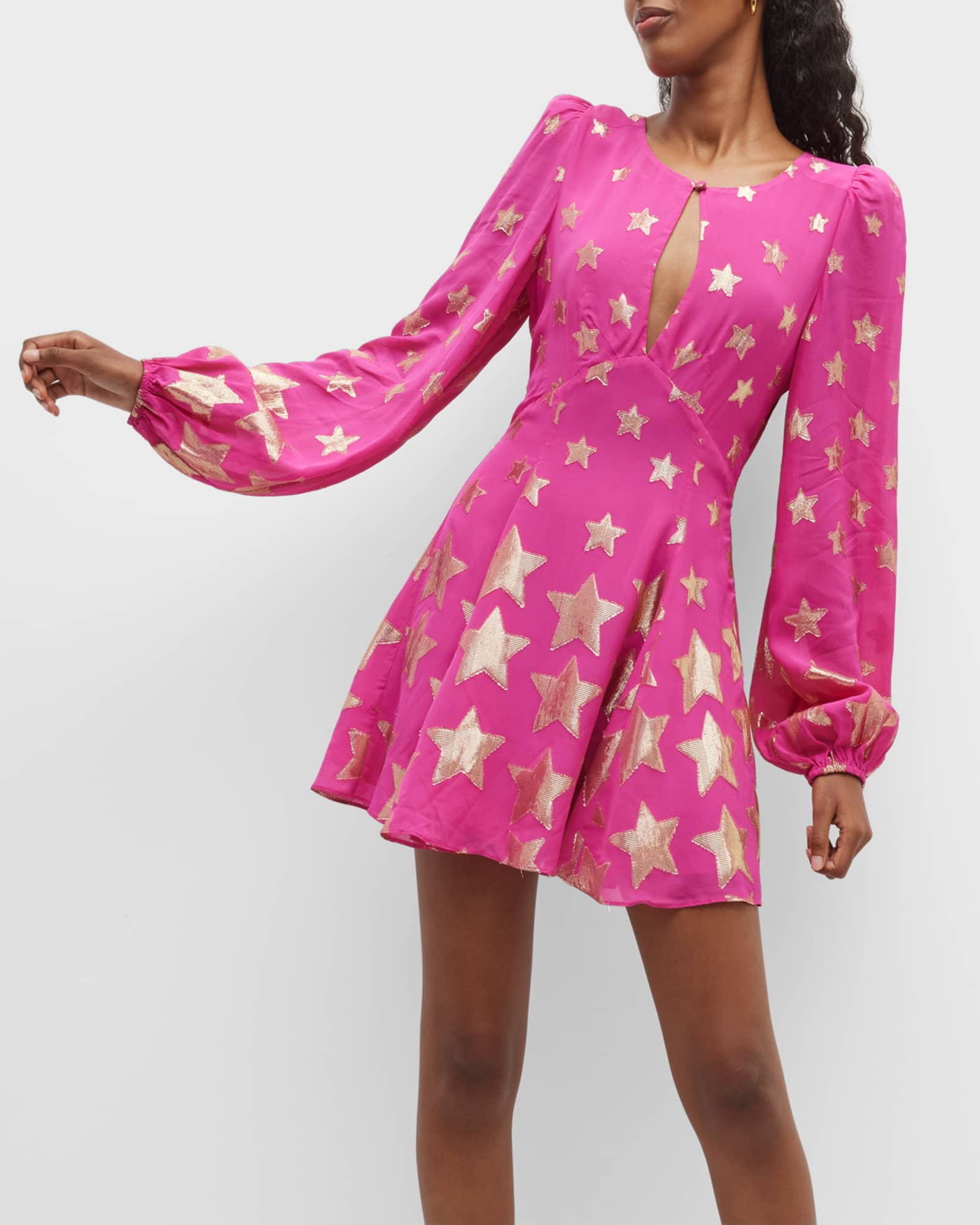 LoveShackFancy Ivette Puff-Sleeve Golden Star Mini Dress | Neiman Marcus