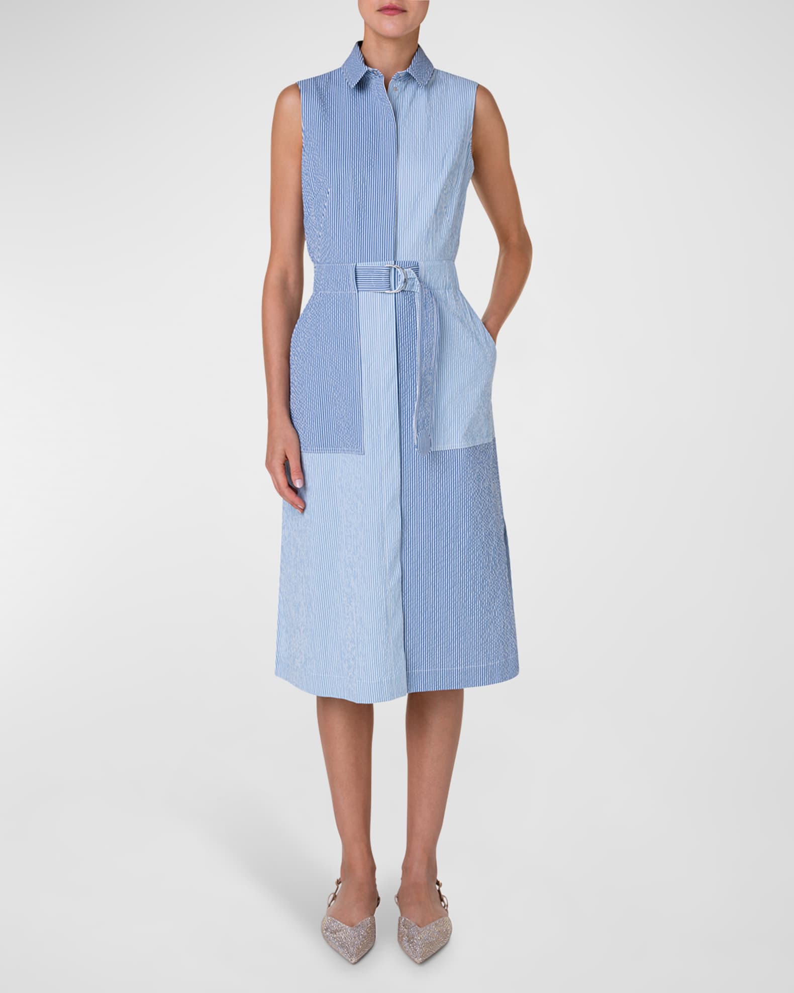 Akris punto Cotton Seersucker Colorblock Midi Dress | Neiman Marcus