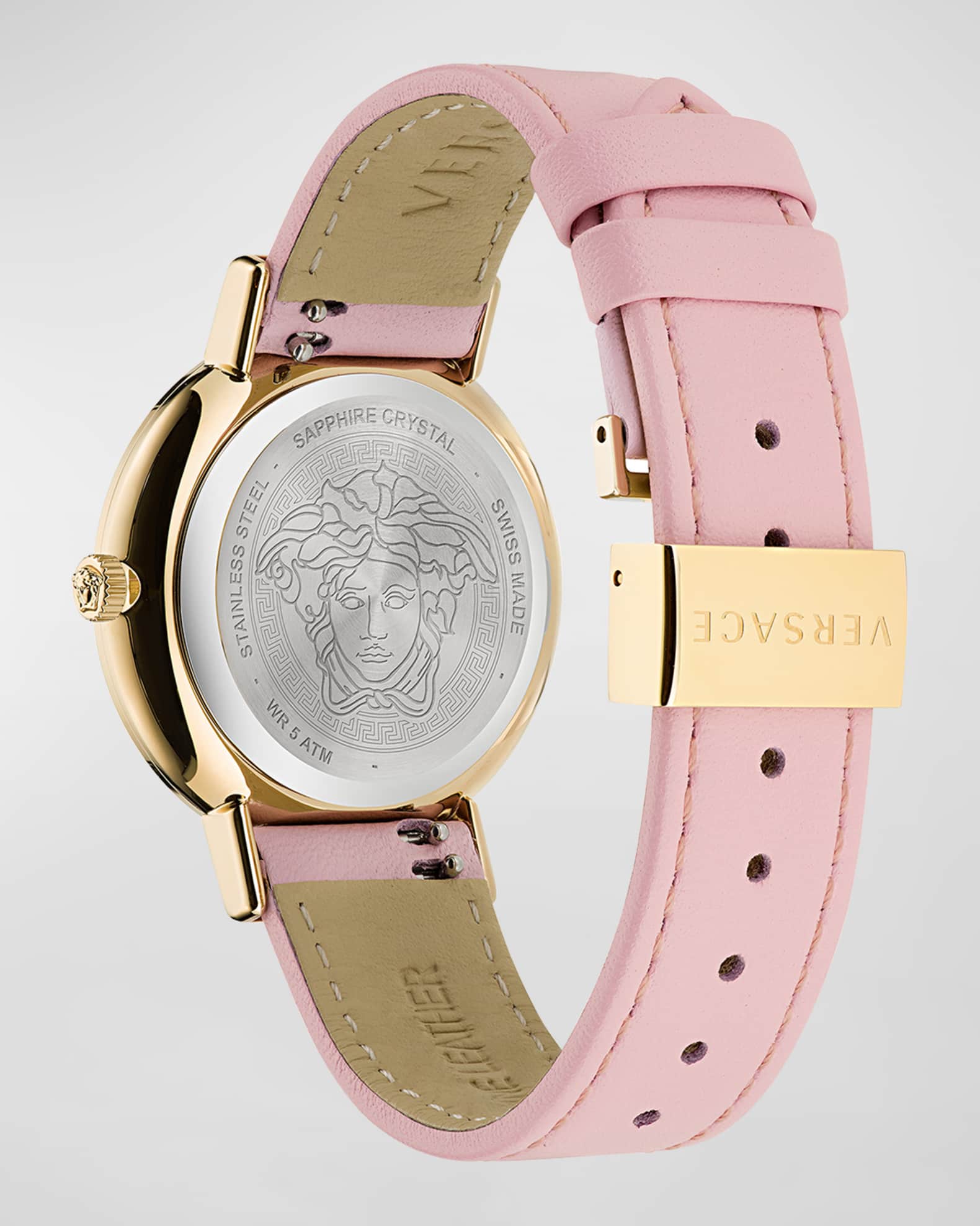 Versace 36mm Greca Chic Leather Watch, Gold/Pink | Neiman Marcus