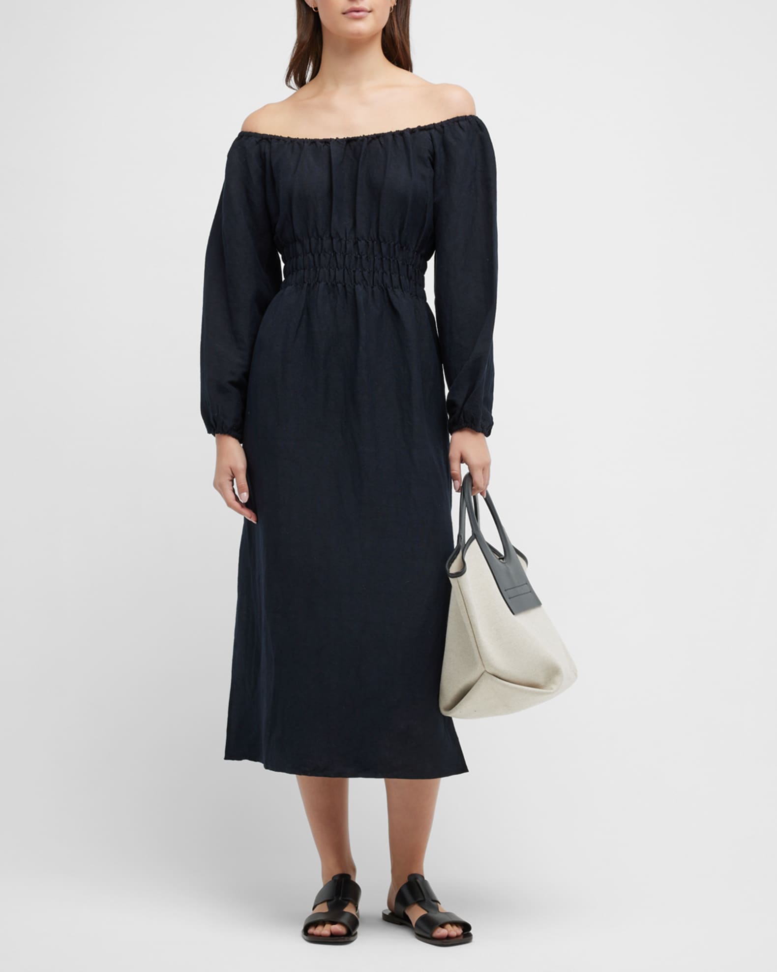 Onia Air Linen Smocked Off-Shoulder Long-Sleeve Dress | Neiman Marcus