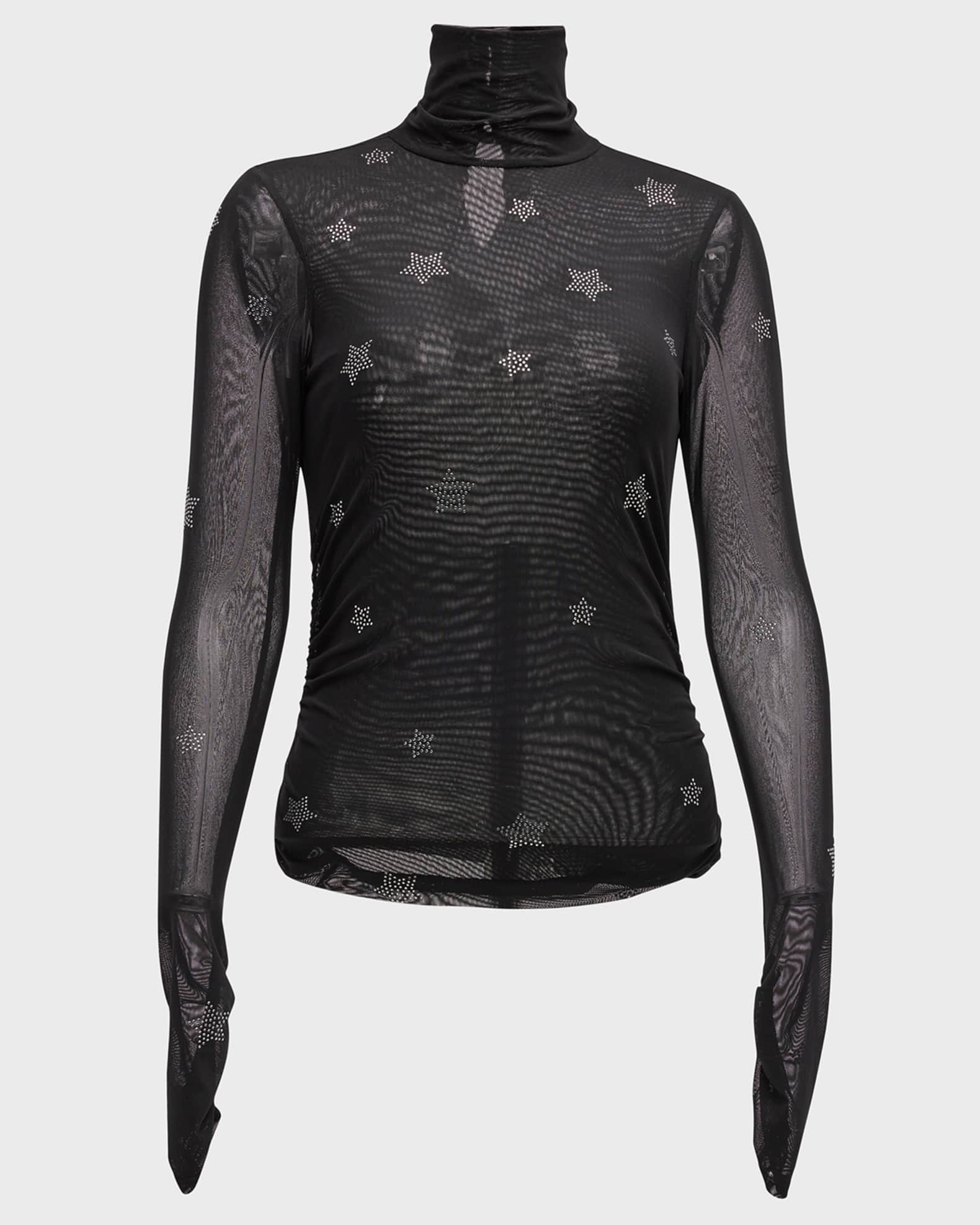Cinq a Sept Rhinestone Star Shirred Mesh Turtleneck Top | Neiman Marcus