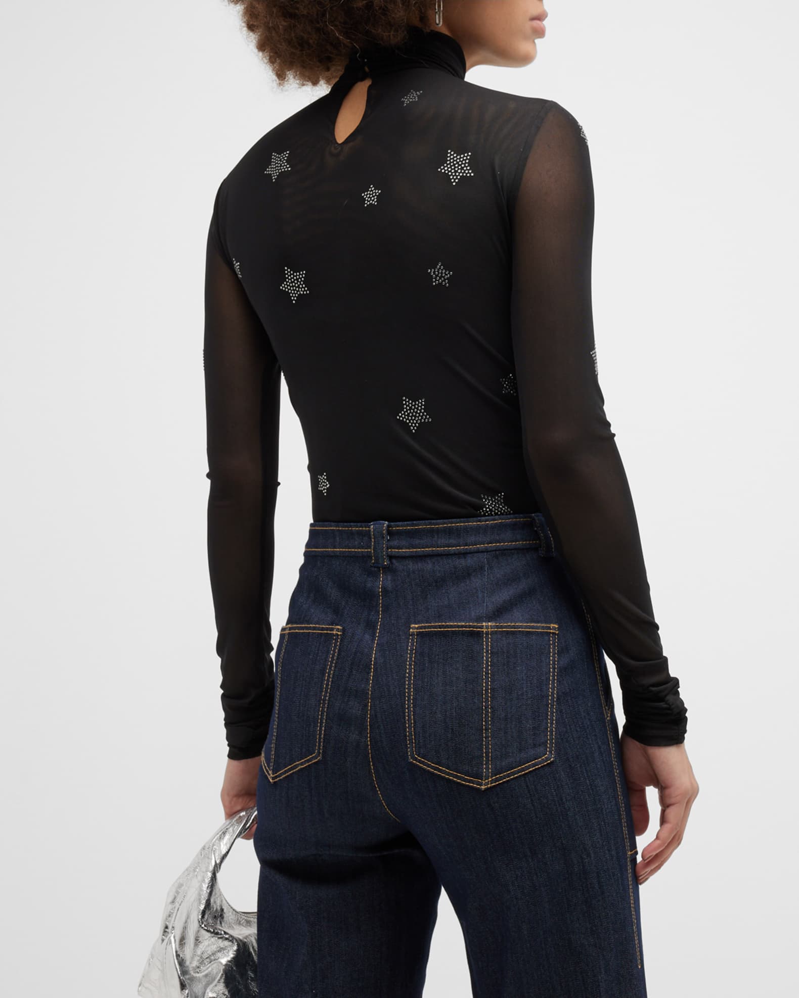 Cinq a Sept Rhinestone Star Shirred Mesh Turtleneck Top | Neiman Marcus