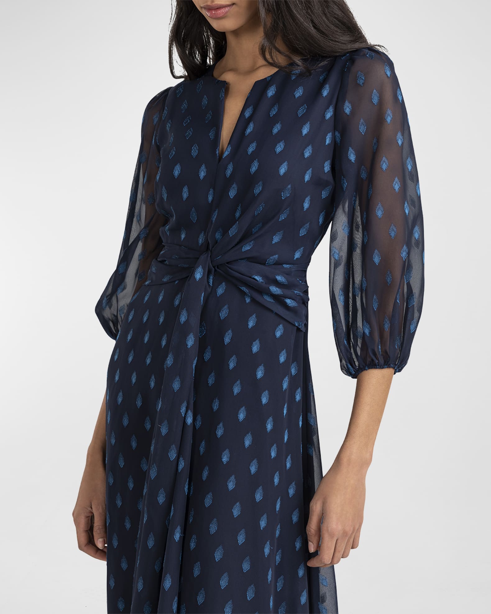 Shoshanna Melrose Blouson-Sleeve Chiffon Midi Dress | Neiman Marcus