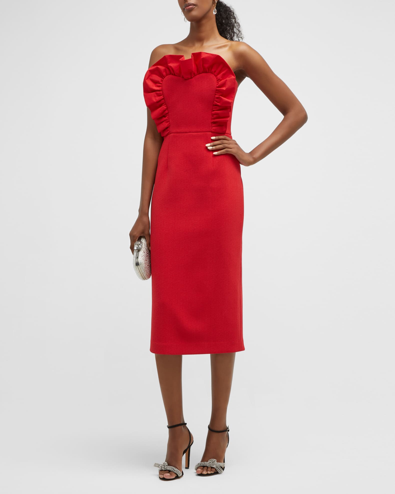 REBECCA VALLANCE Scarlet Strapless Ruffle-Trim Midi Dress | Neiman Marcus