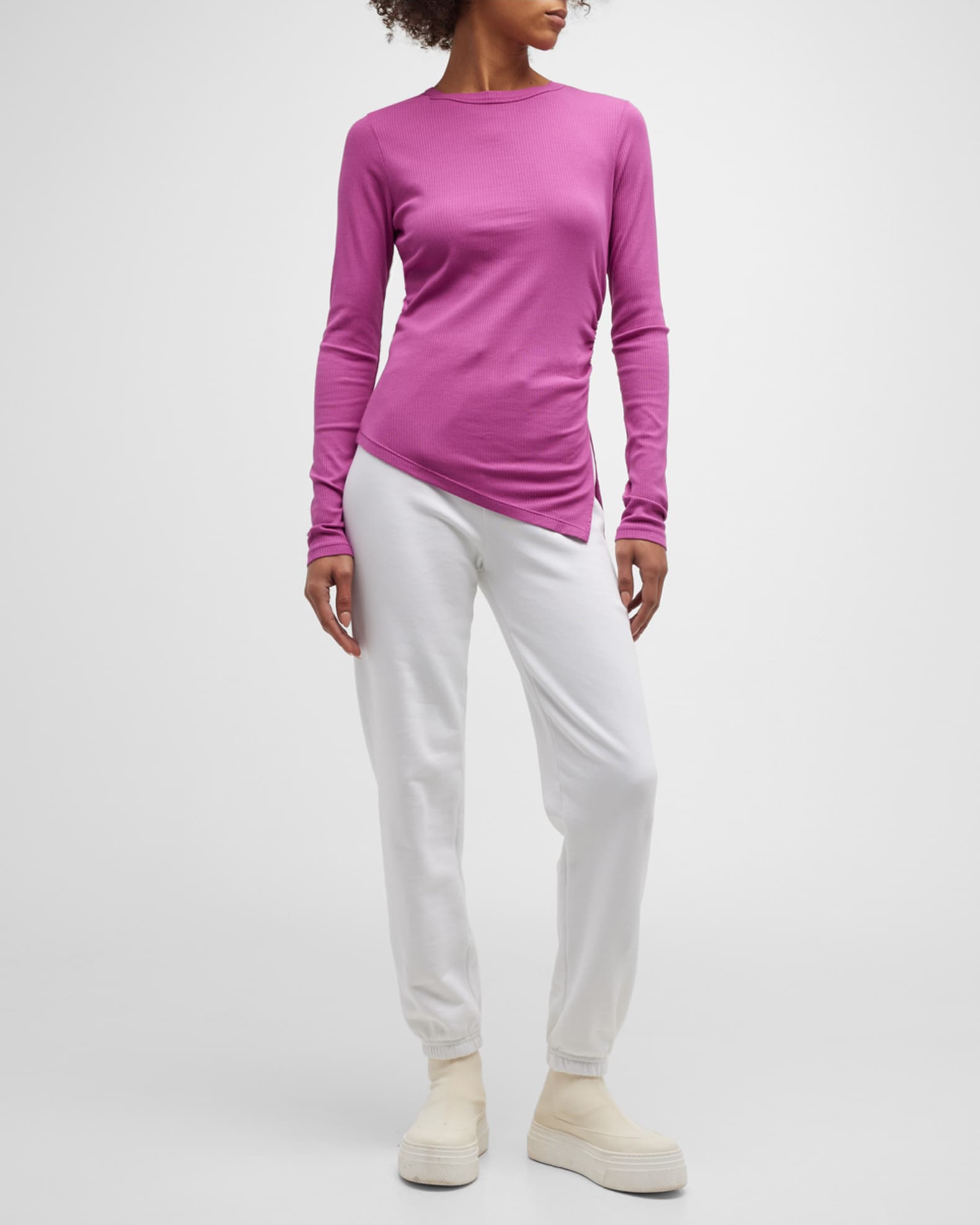 Monrow Needle Rib Long-Sleeve Top With Slit | Neiman Marcus