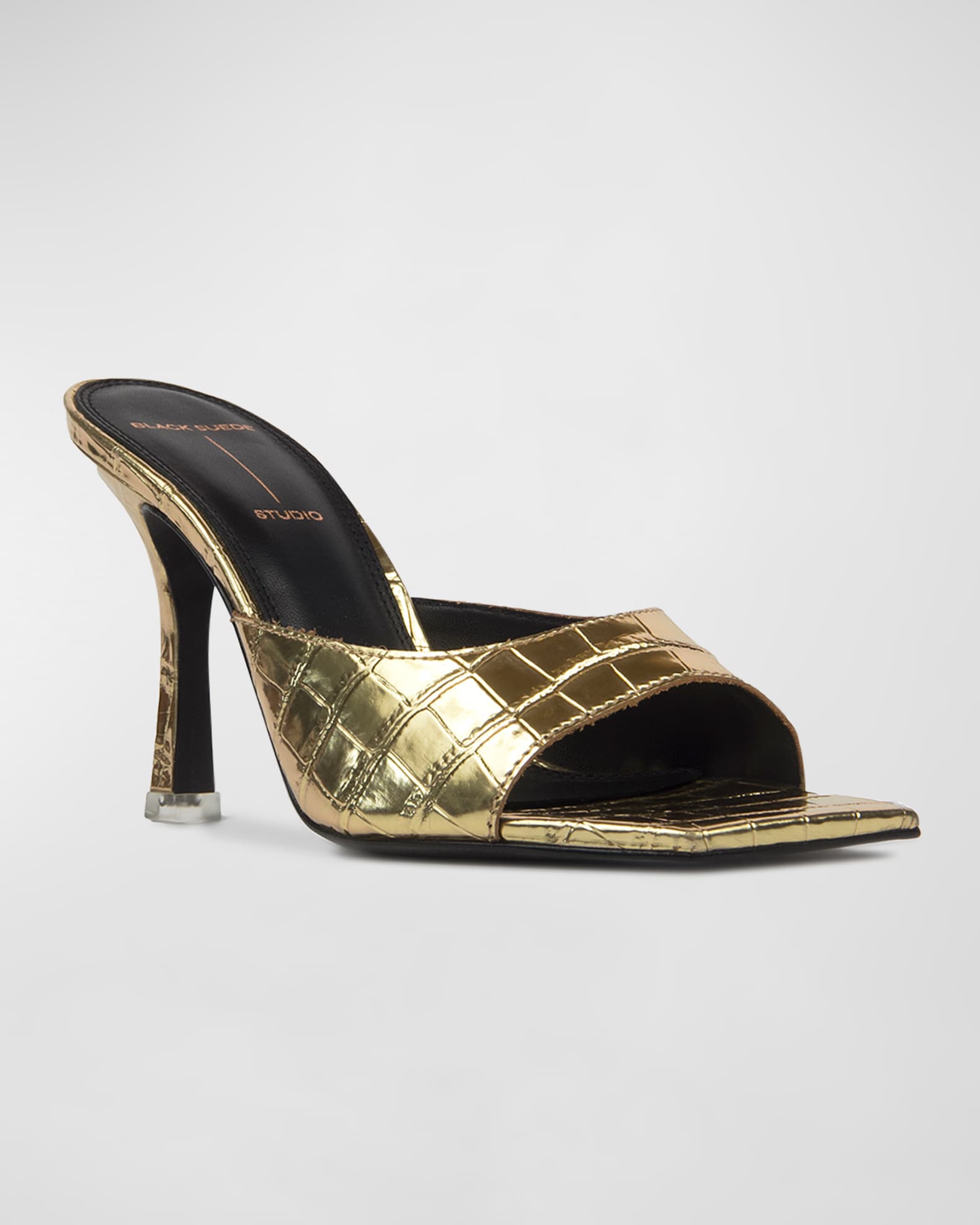 Black Suede Studio Celine Metallic Croco Mule Sandals | Neiman Marcus