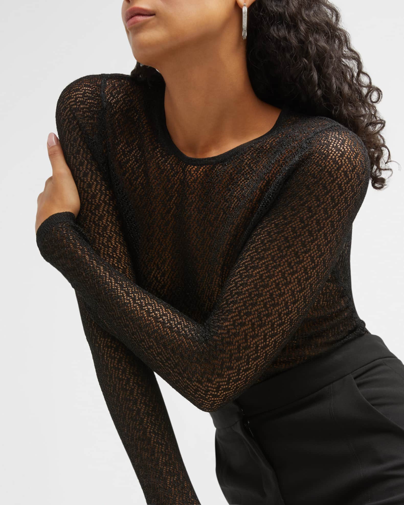 Lela Rose Sheer Metallic Knit Top | Neiman Marcus