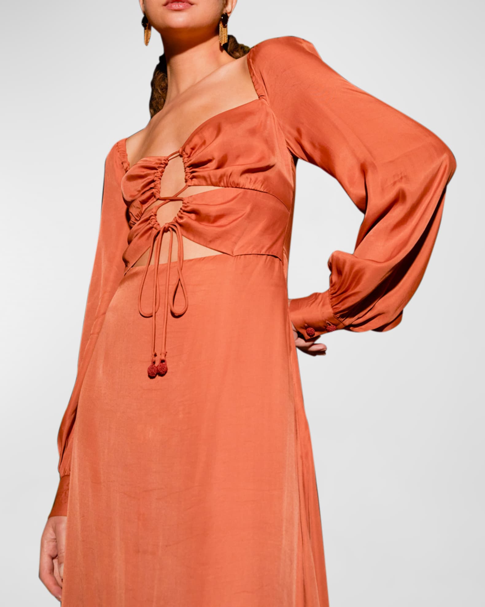 Farm Rio Caramel Cutout Front-Tie Satin Midi Dress | Neiman Marcus