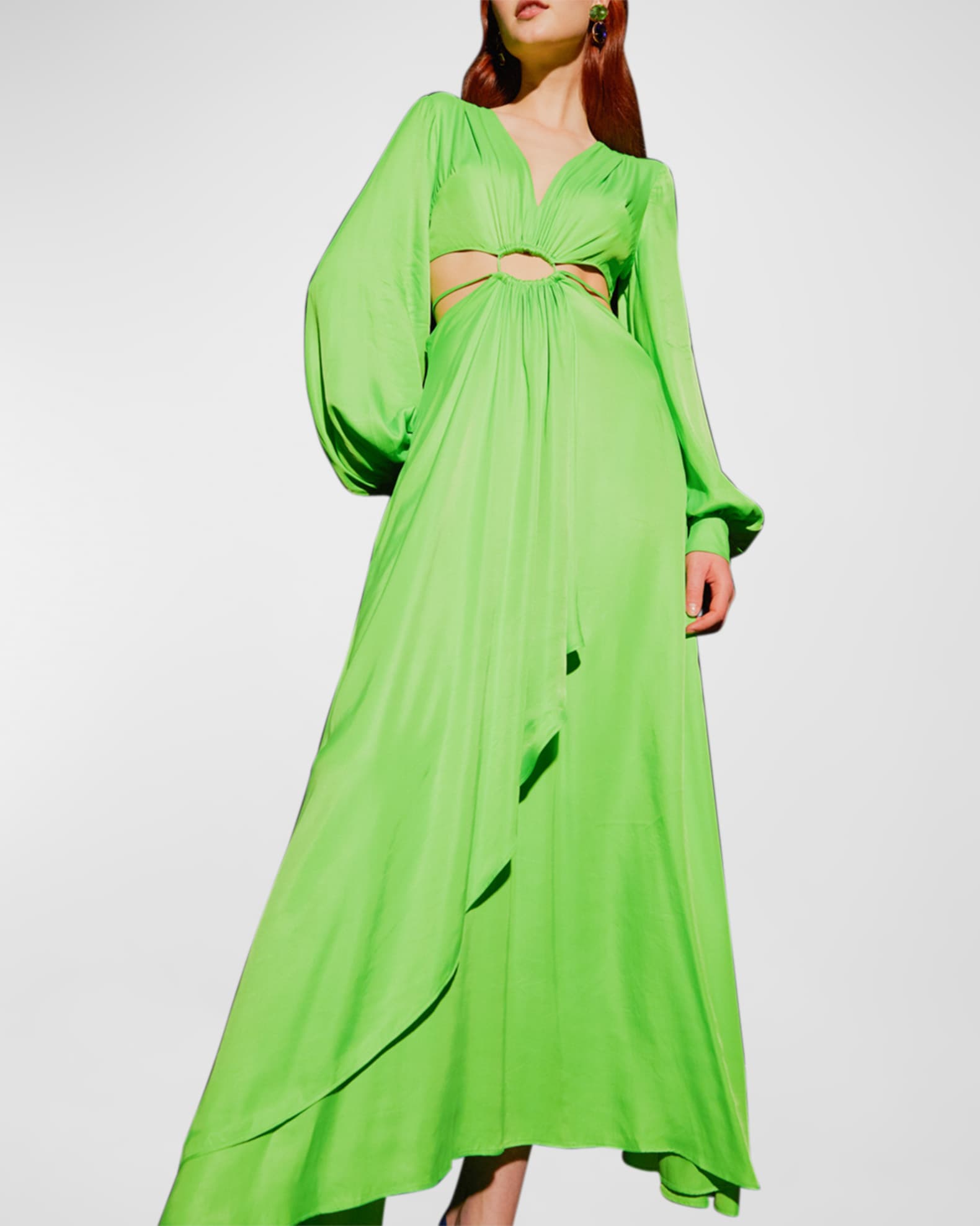 Farm Rio Lime Green Cutout Blouson-Sleeve Maxi Dress | Neiman Marcus